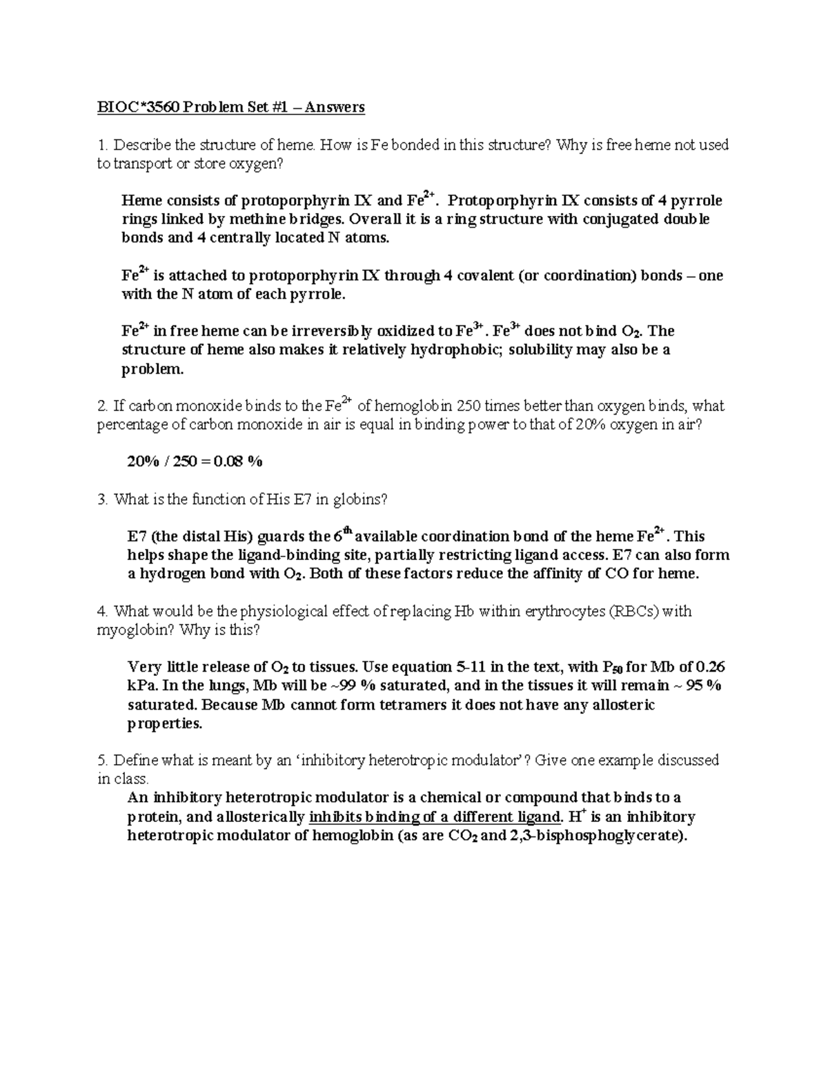 BIOC3560 Study Questions 1 - Answers - BIOC*3560 Problem Set #1 – Answers Describe the structure ...