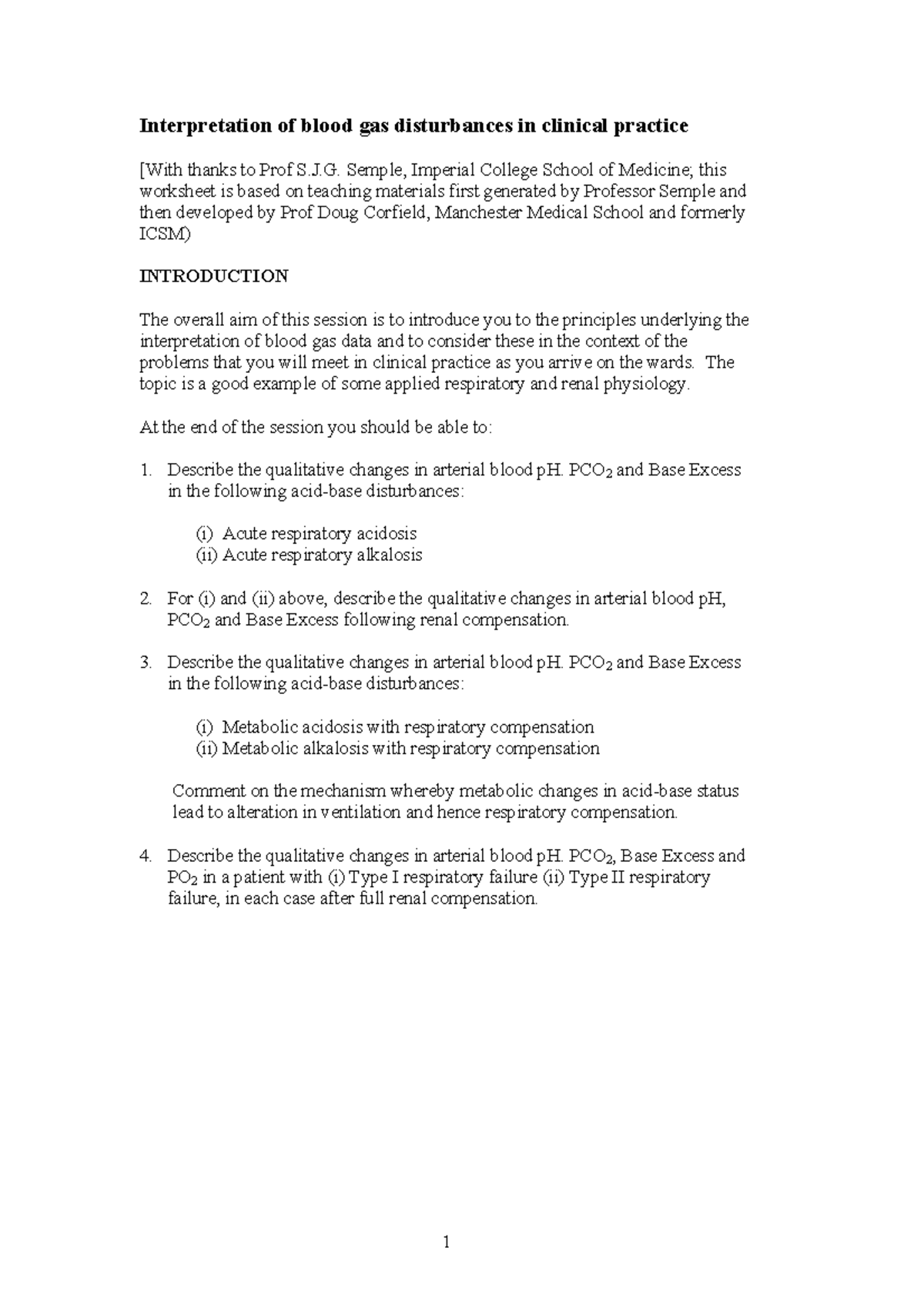 Blood Gas Disturbances Worksheet 2015 - 16 - Interpretation of blood ...