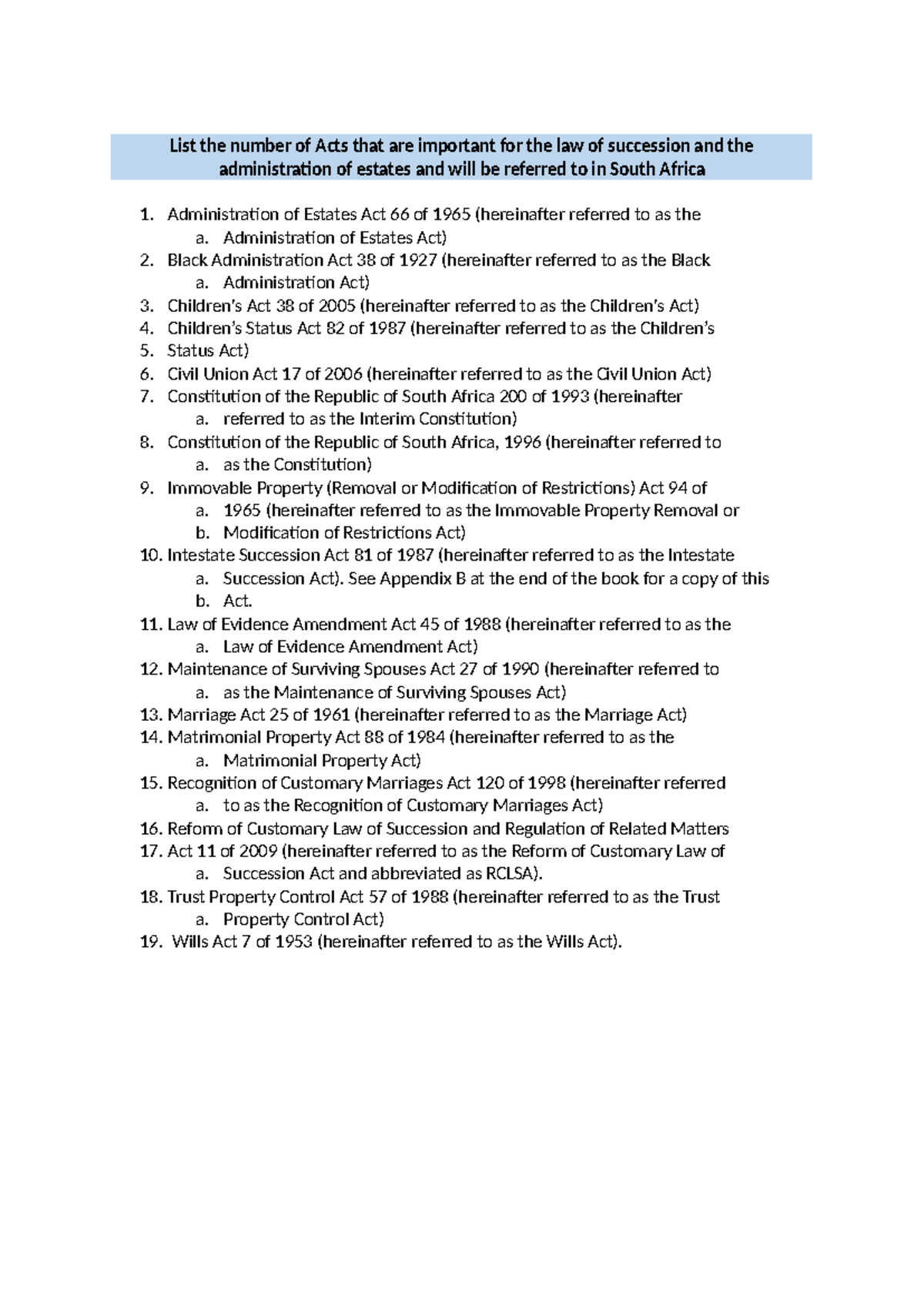 List the number of Acts that are important for the law of succession ...