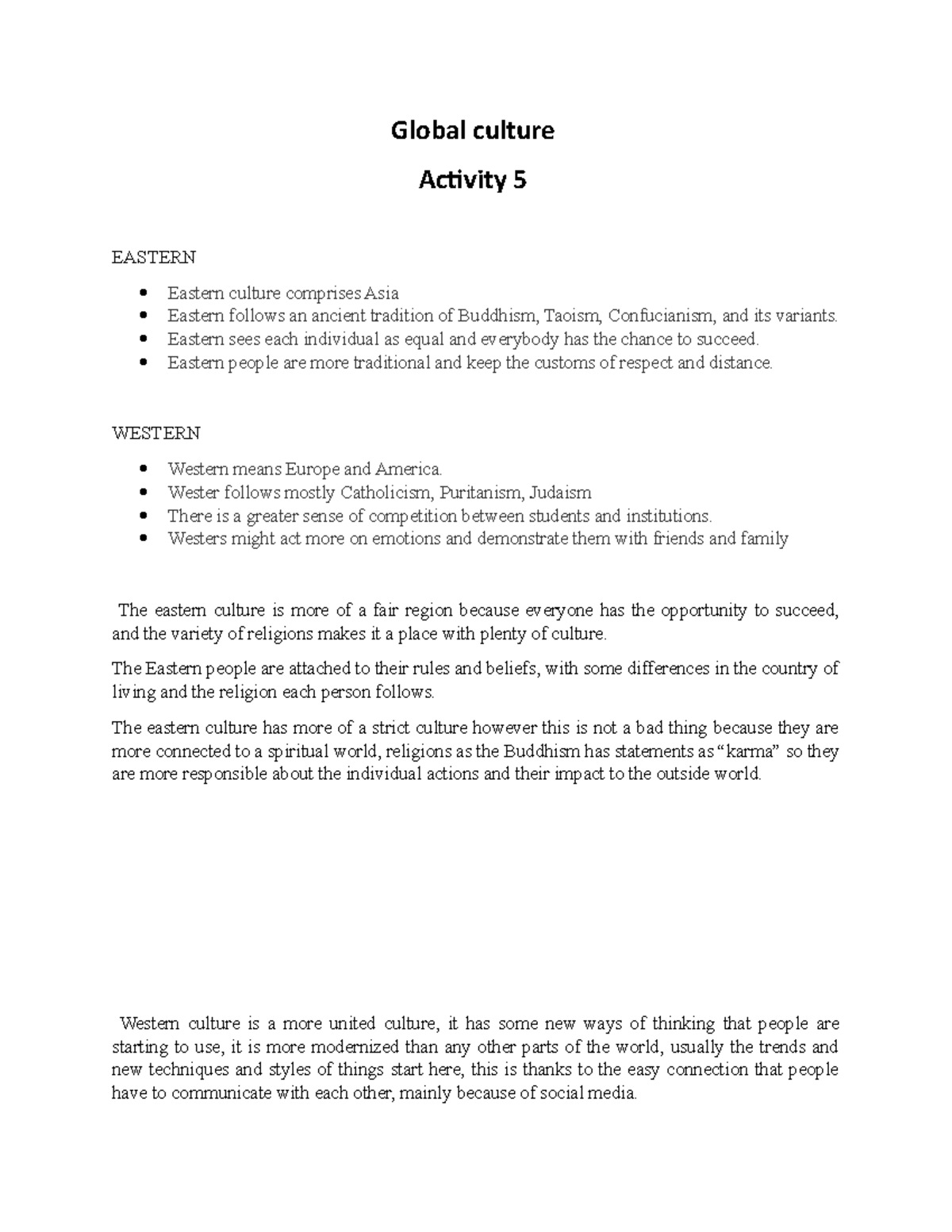 Activity 5 CG - Global culture Activity 5 EASTERN Eastern culture ...