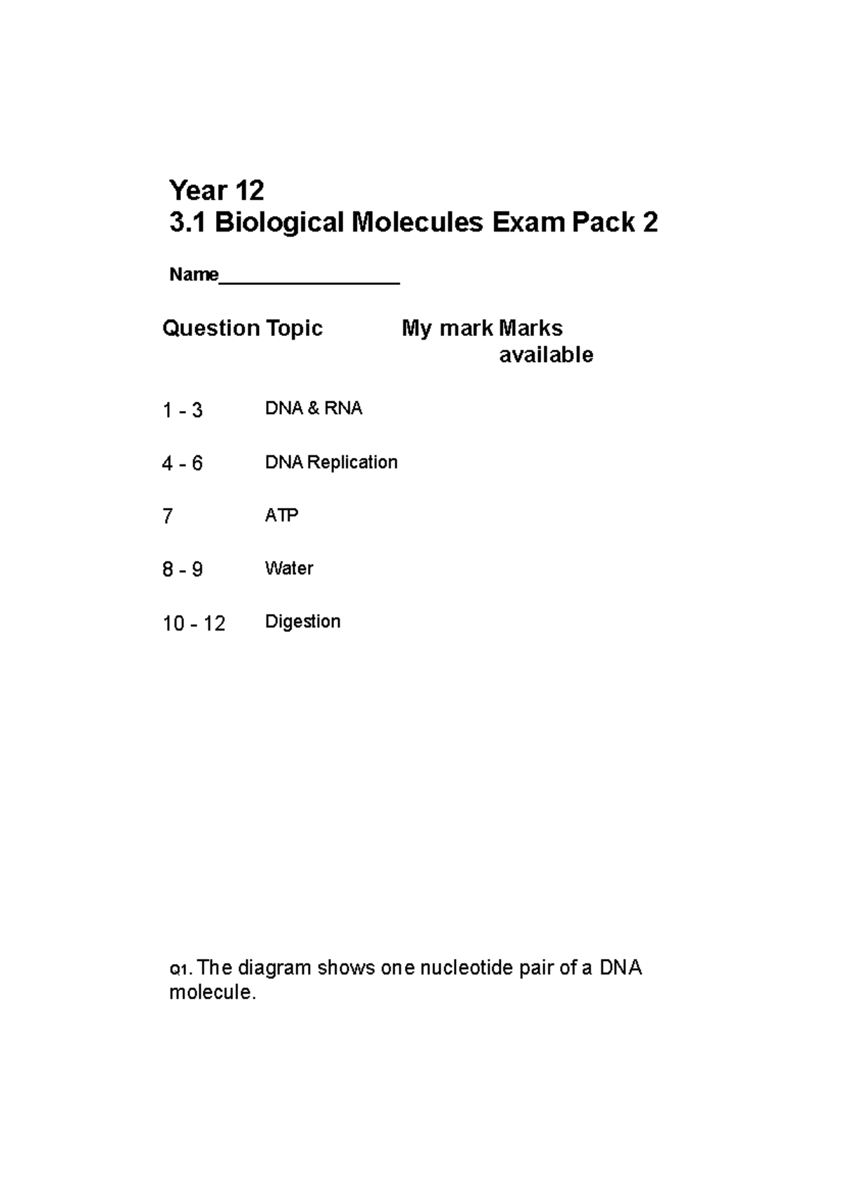 Biological molecules exam questions a level bio - Year 12 3. 1 ...