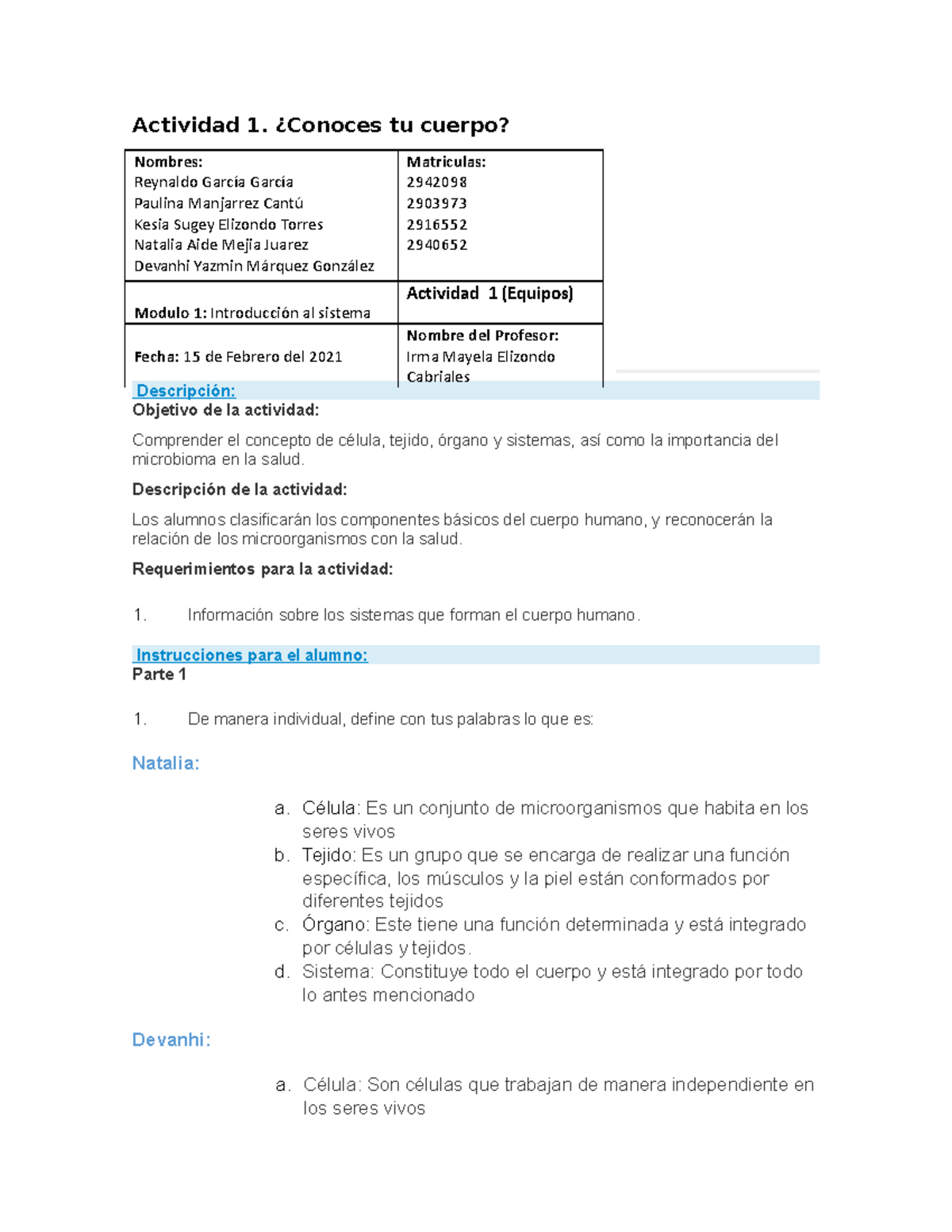 Actividad 1 Parte 1 y 2 EN Equipo - Actividad 1. ¿Conoces tu cuerpo ...