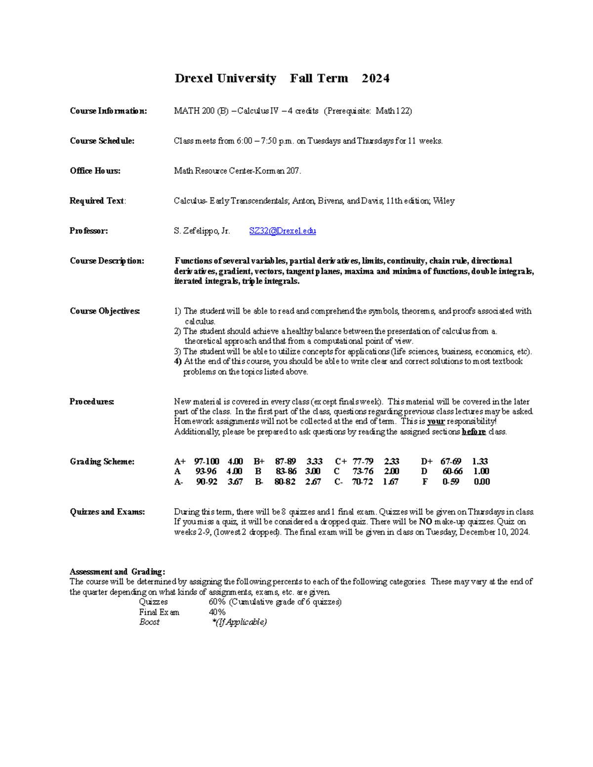 MATH 200 (B) Syllabus Fall 2024 ( Multivariate CALC) - Drexel ...
