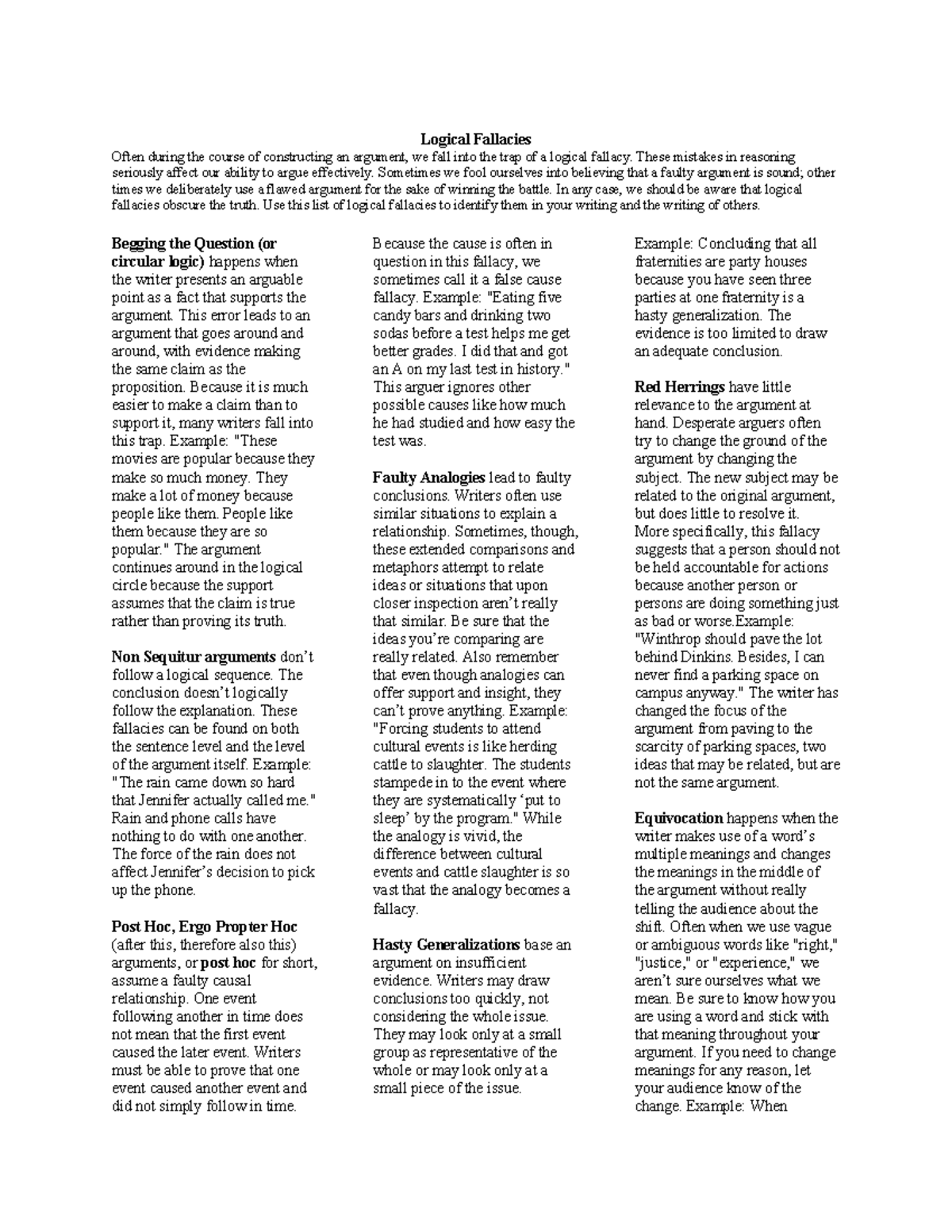 Logical Fallacies Terms - Logical Fallacies Often during the course of ...