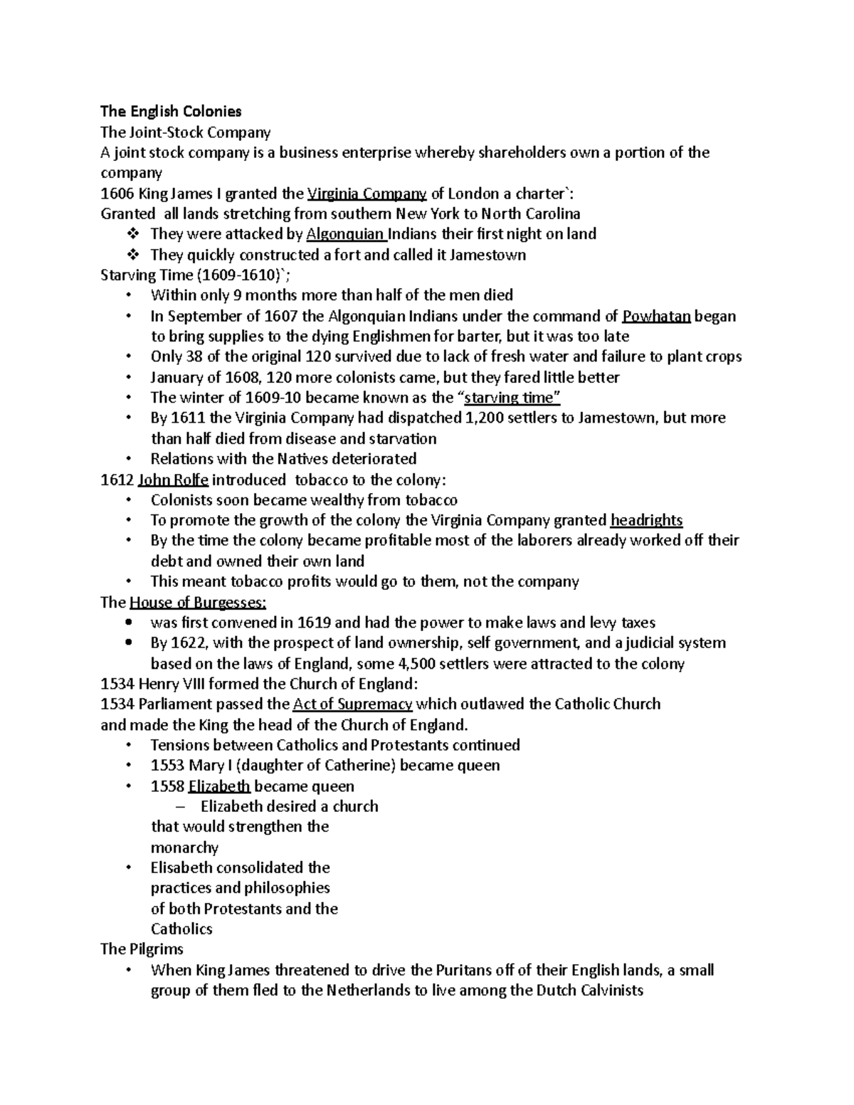 Chapters 4-6 Notes - The English Colonies The Joint-Stock Company A ...