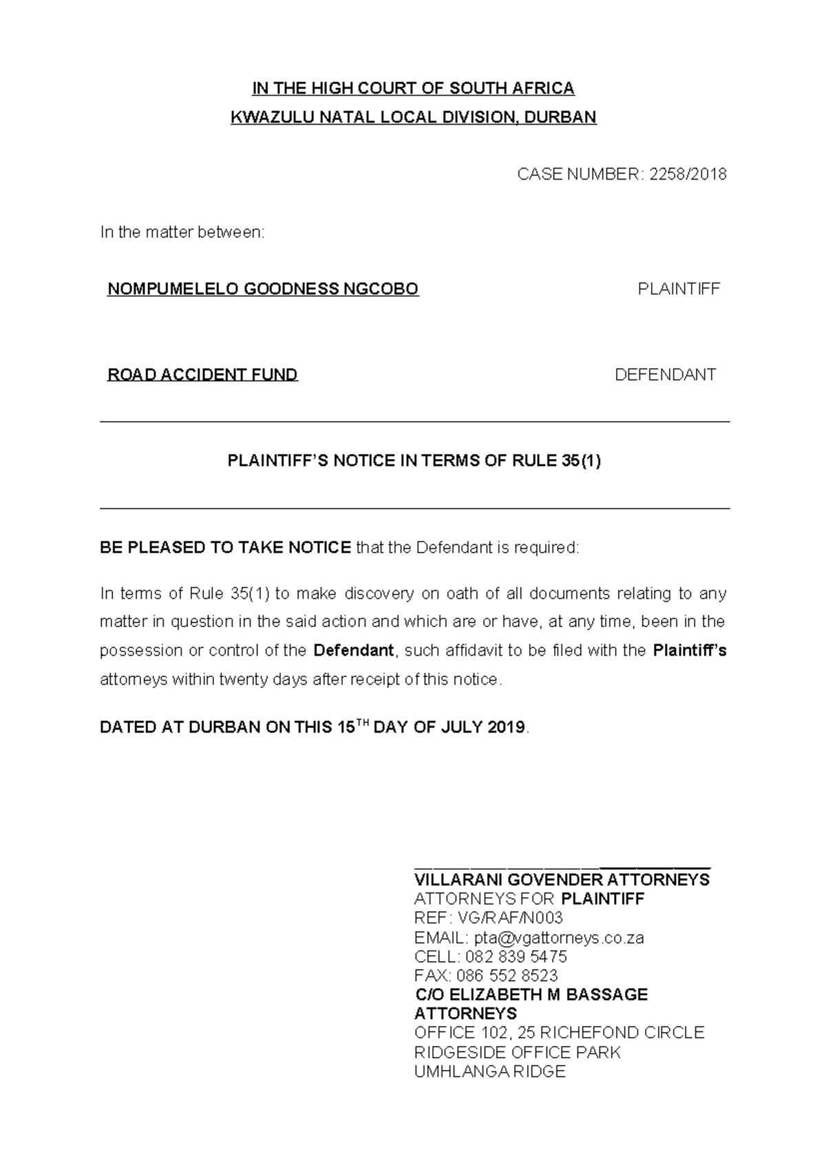 Replyito Rule 35(1) High Court - IN THE HIGH COURT OF SOUTH AFRICA ...