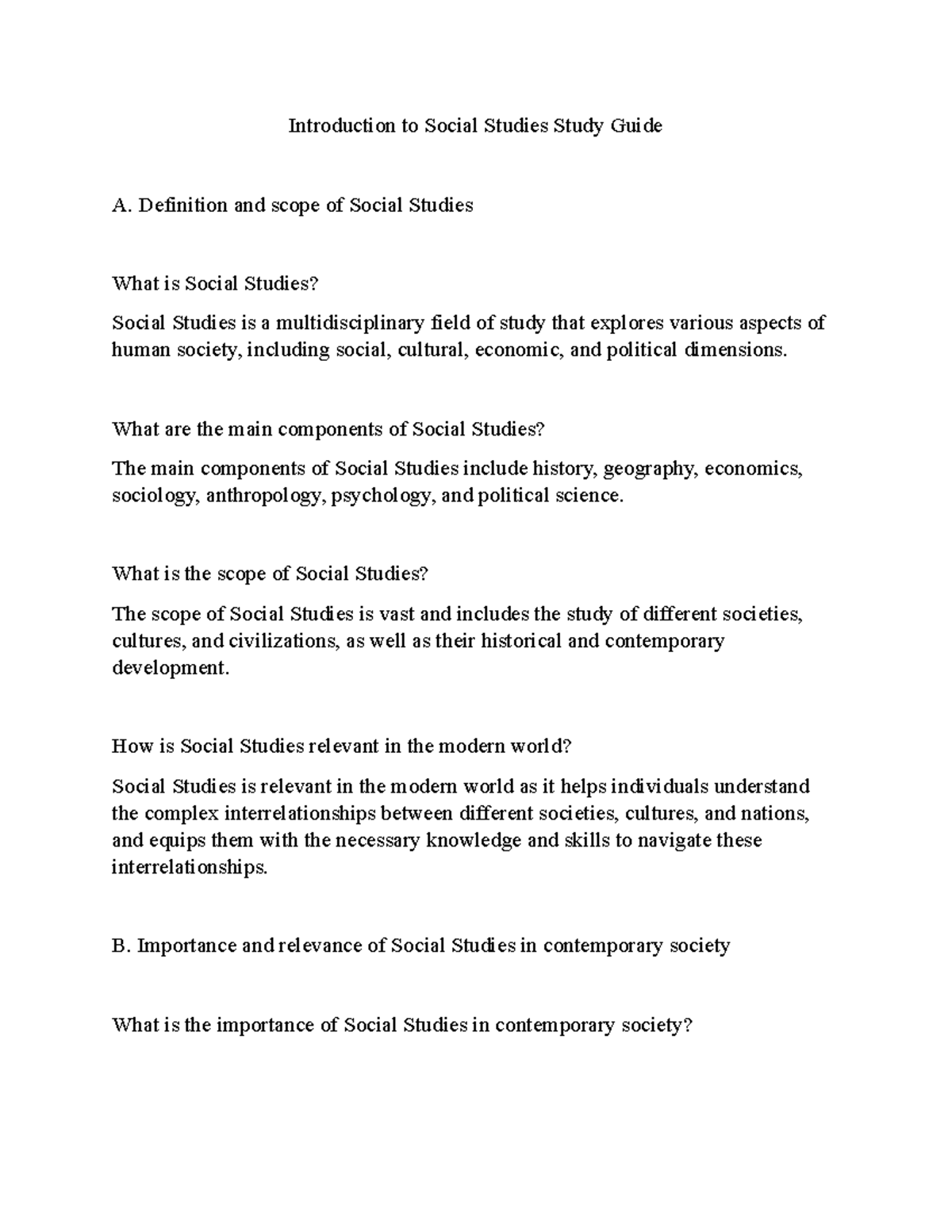 Introduction To Social Studies Study Guide Definition And Scope Of