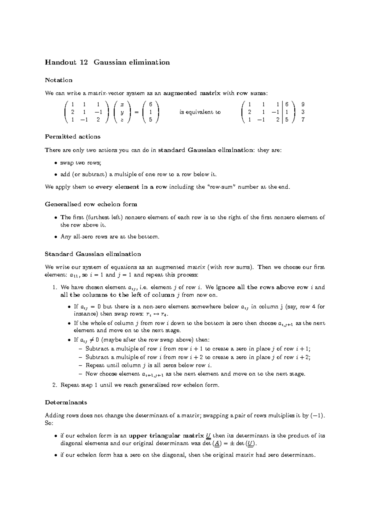 Handout 12 - Handout 12 Gaussian elimination Notation We can write a ...