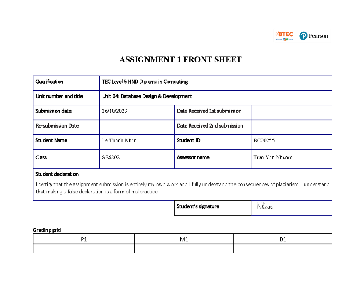 BC00255 Nhan LT Assignment 1 - ASSIGNMENT 1 FRONT SHEET Qualification TEC Level 5 HND Diploma in ...