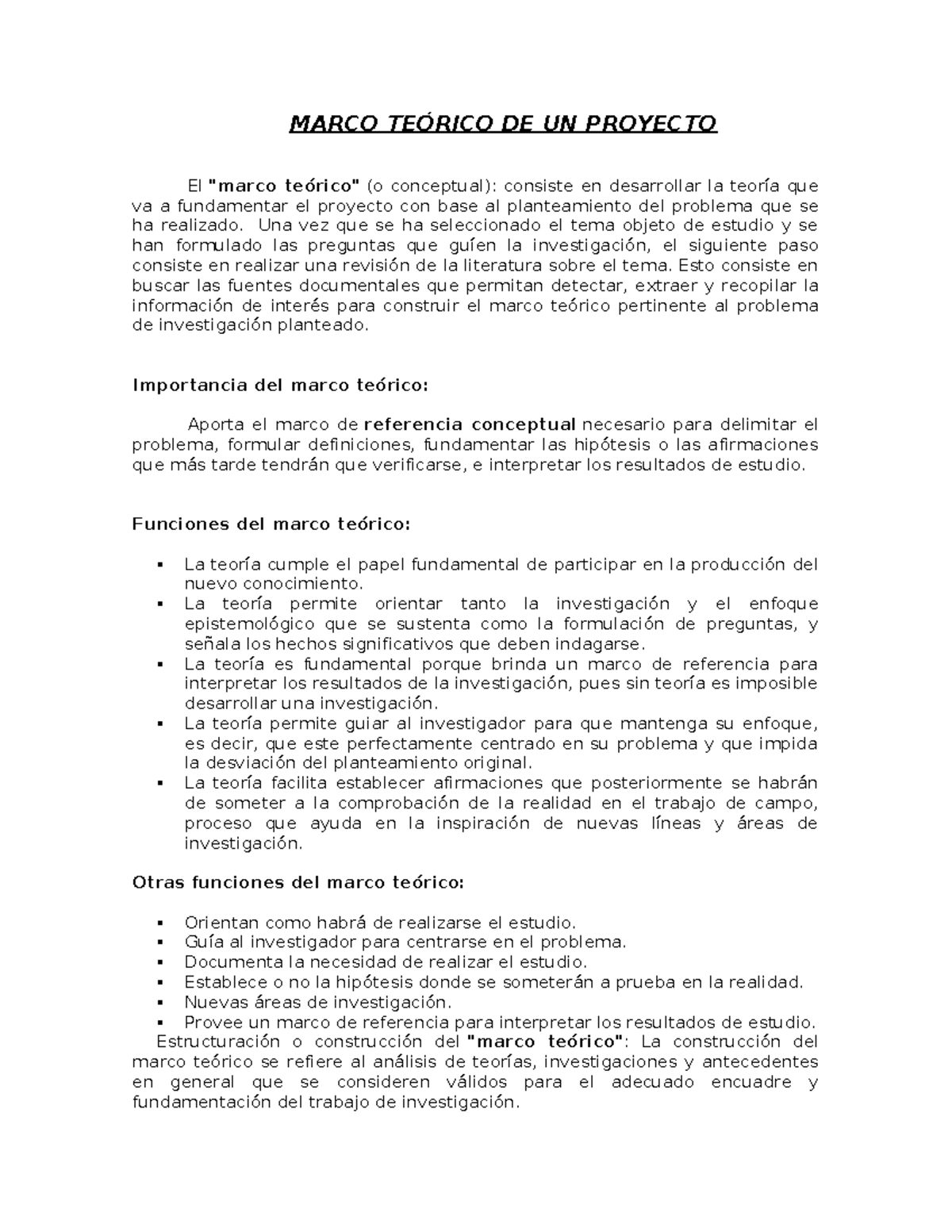 Marco teorico imprimir - MARCO TEÓRICO DE UN PROYECTO El "marco teórico ...
