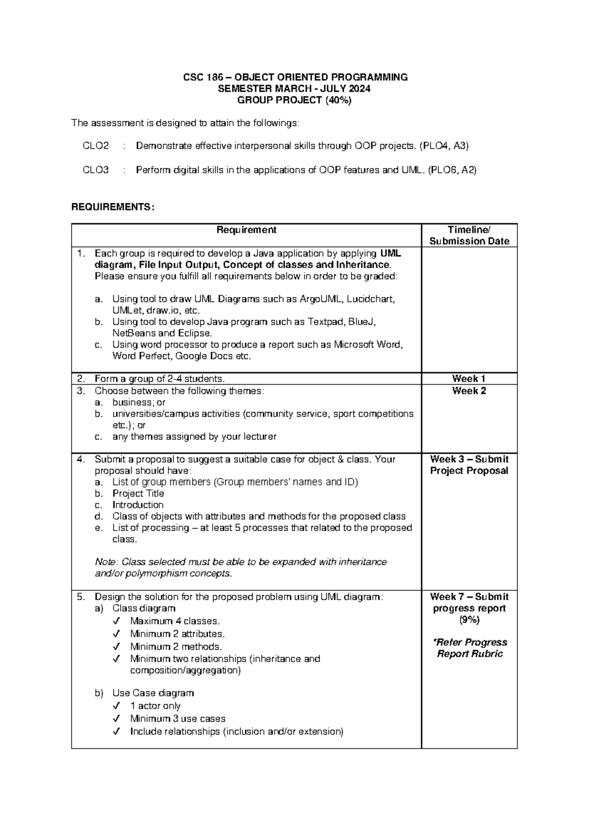 CSC186 March 2024 Project Description - CSC 186 – OBJECT ORIENTED PROGRAMMING SEMESTER MARCH ...