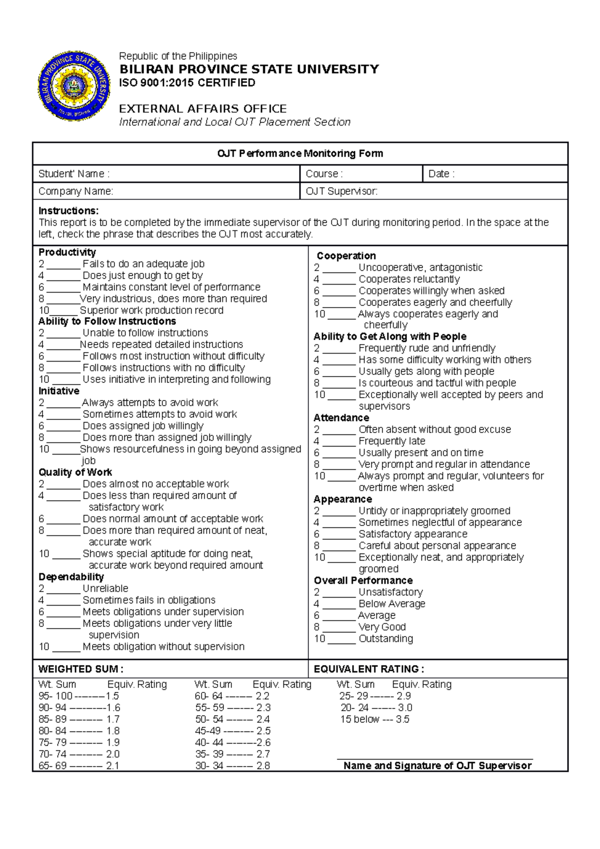 OJT Forms - notes - OJT Performance Monitoring Form Student’ Name ...