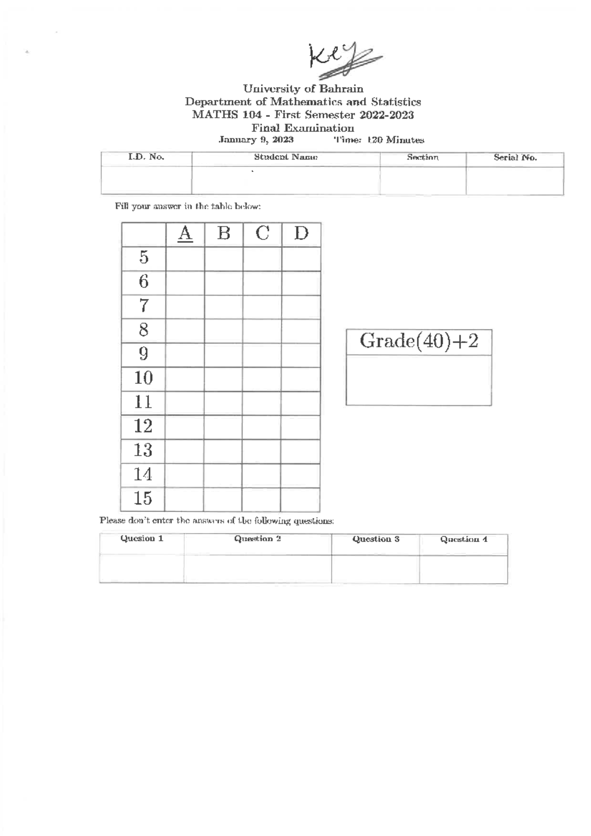 Maths 104-Final Key (written part) - Mathematics - Studocu