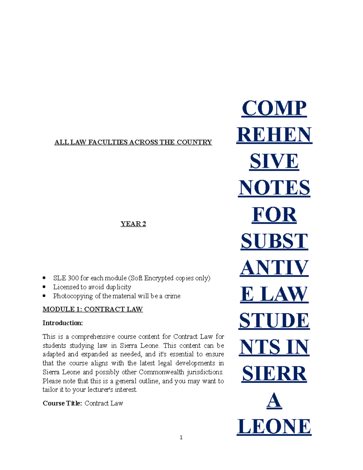 General LAW Course Outline FOR YEAR 2 Students' IN SL - ALL LAW ...