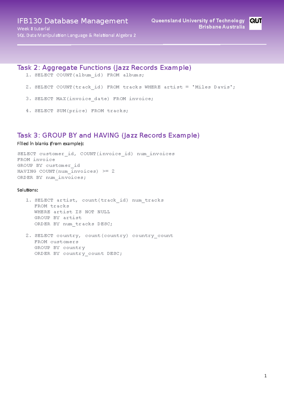 IFB105 week 9 tutorial worksheet solution(1) - IFB130 Database Management Week 8 tutorial SQL ...