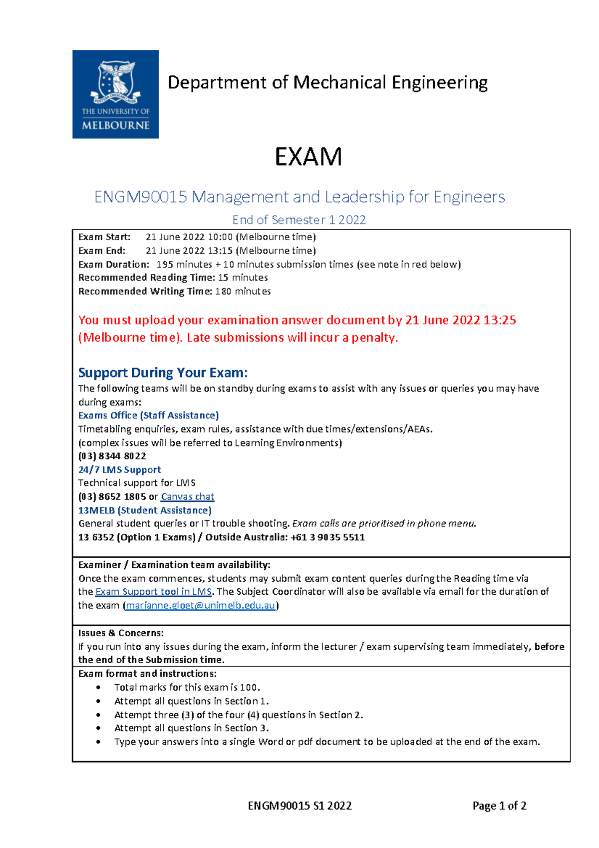 Exam Cover Sheet - ENGM90015 S1 2022 Page 1 of 2 EXAM ENGM90015 ...