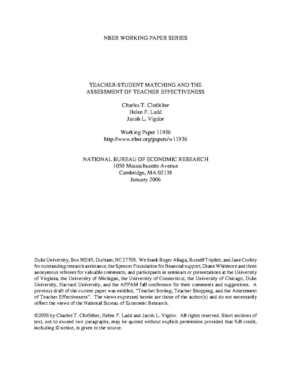 6586655 - Cours - NBER WORKING PAPER SERIES TEACHER-STUDENT MATCHING ...