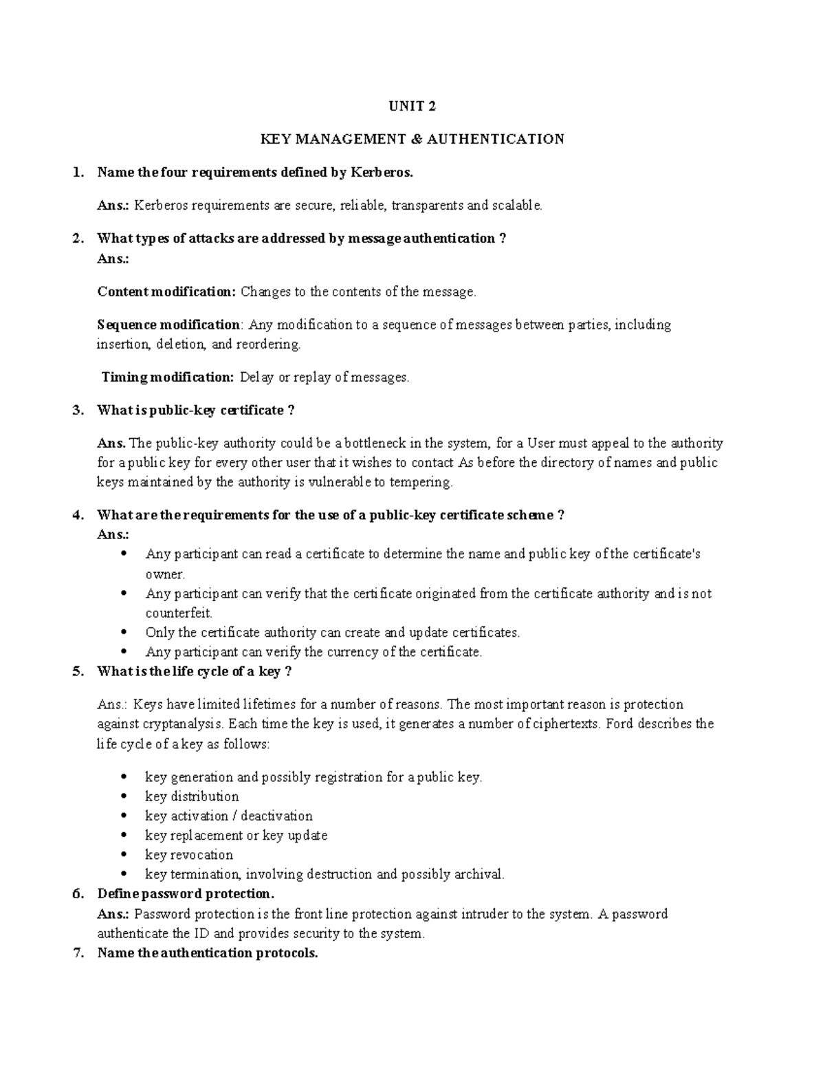 Ns unit 2 qb - QUES - UNIT 2 KEY MANAGEMENT & AUTHENTICATION Name the ...