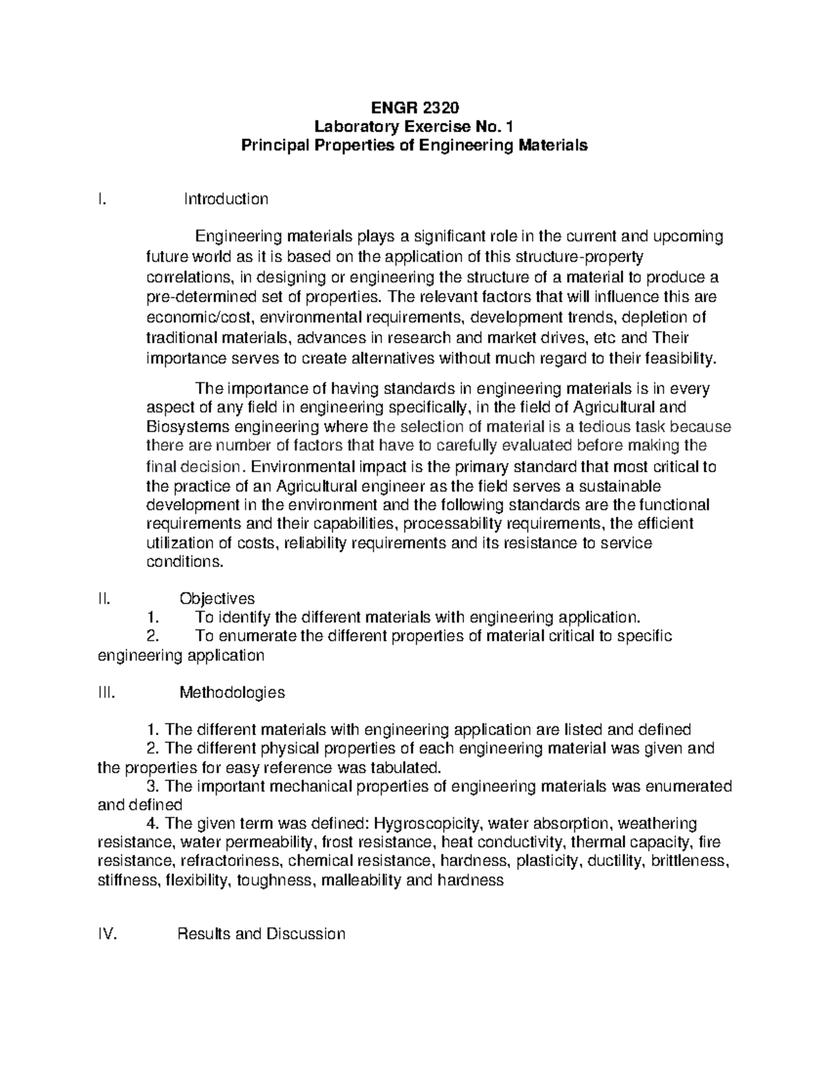 Laboratory Exercise No. 1 - ENGR 2320 Laboratory Exercise No. 1 ...