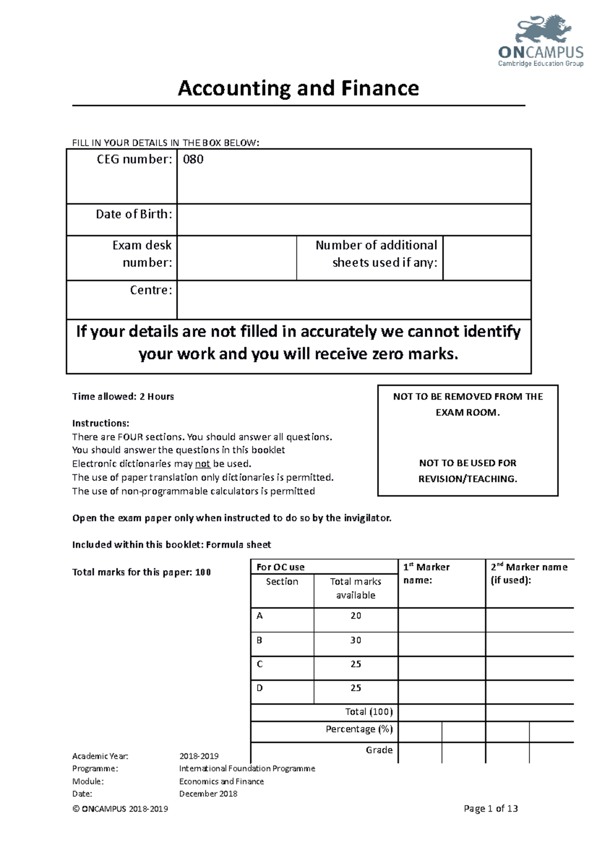 Acc and Finance specimen or mock paper - Accounting and Finance FILL IN ...