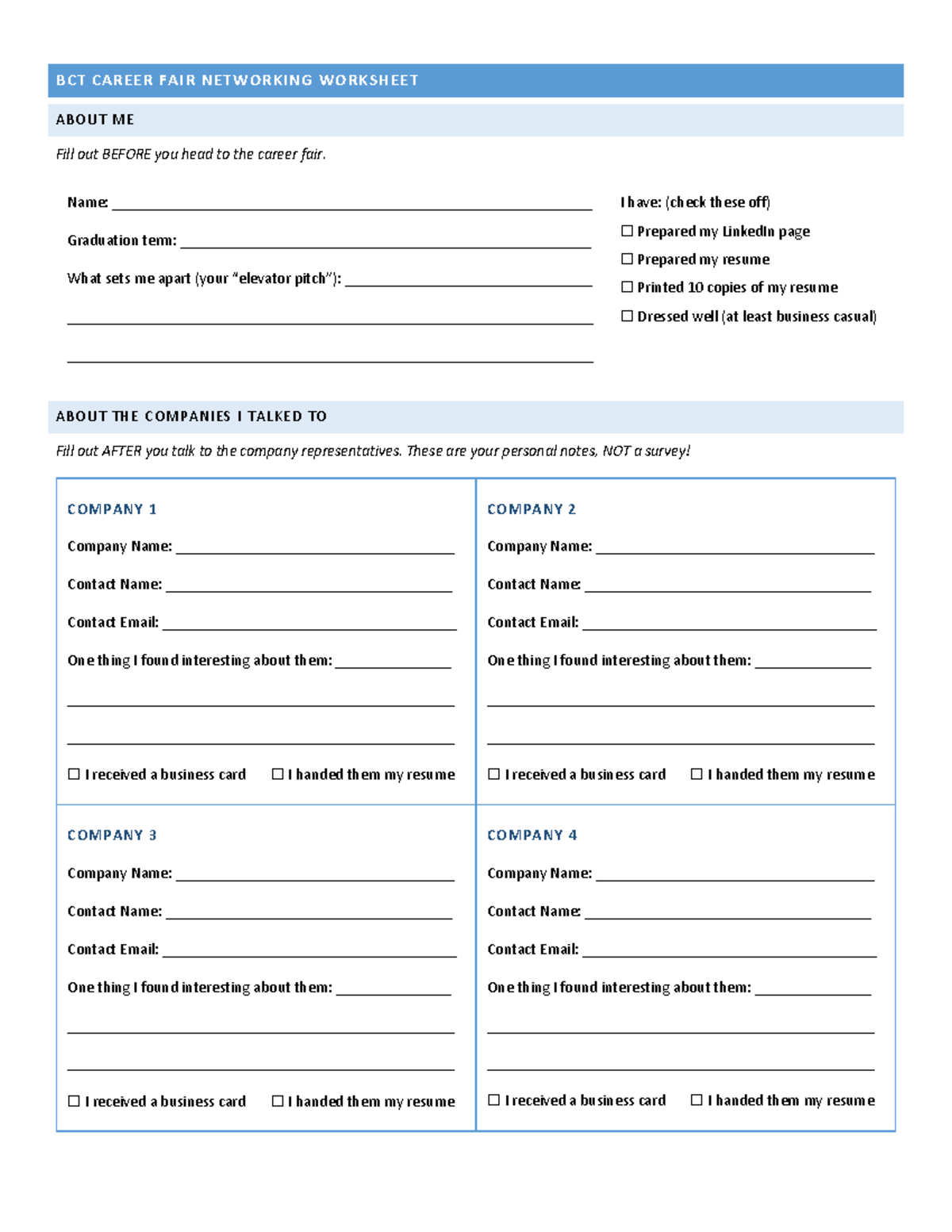 Career Fair - Networking Worksheet - BCT CAREER FAIR NETWORKING ...