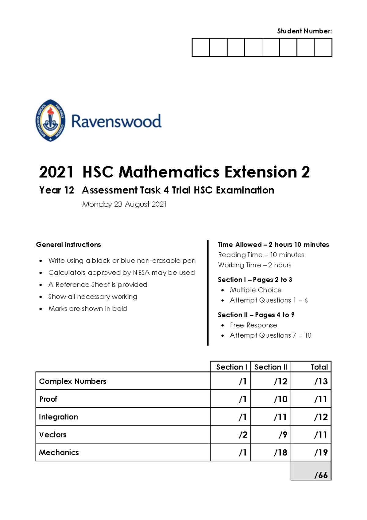 2021 12MX2 AT4 Paper - 2019 MATH1002 Exam - Maths - Student Number: 2021 HSC Mathematics ...