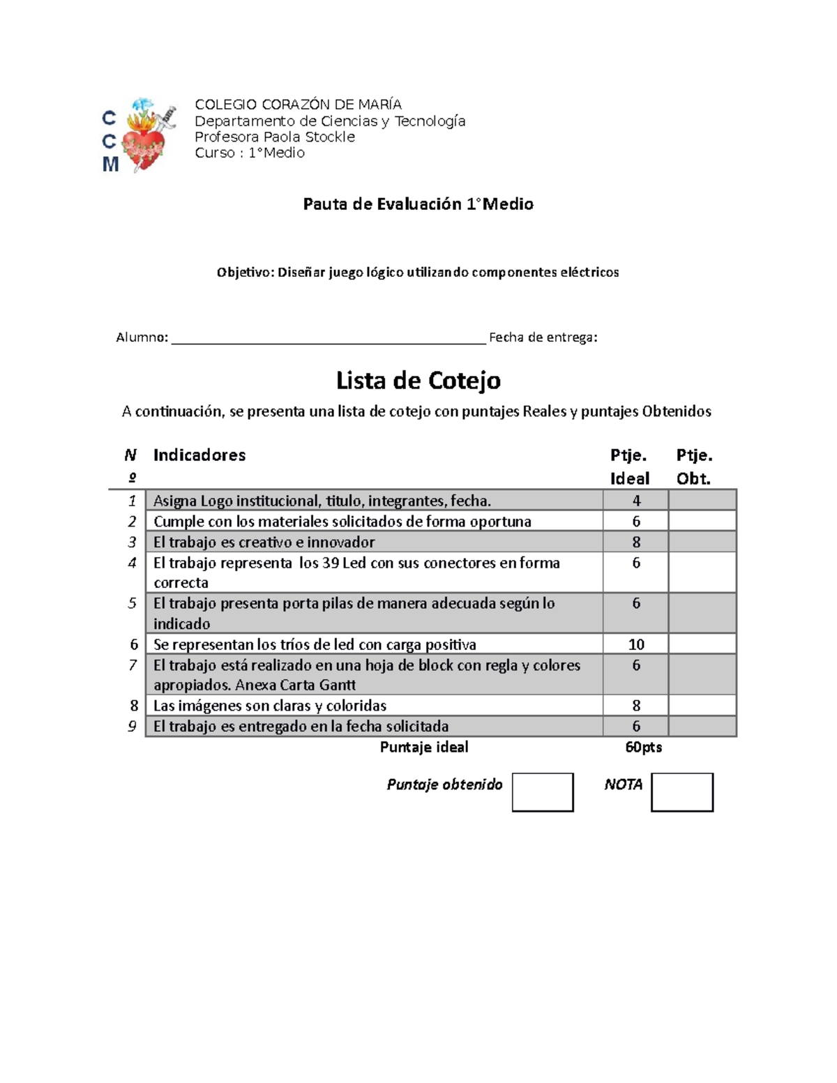 Lista de cotejo Juego lógico Diseño - COLEGIO CORAZÓN DE MARÍA ...