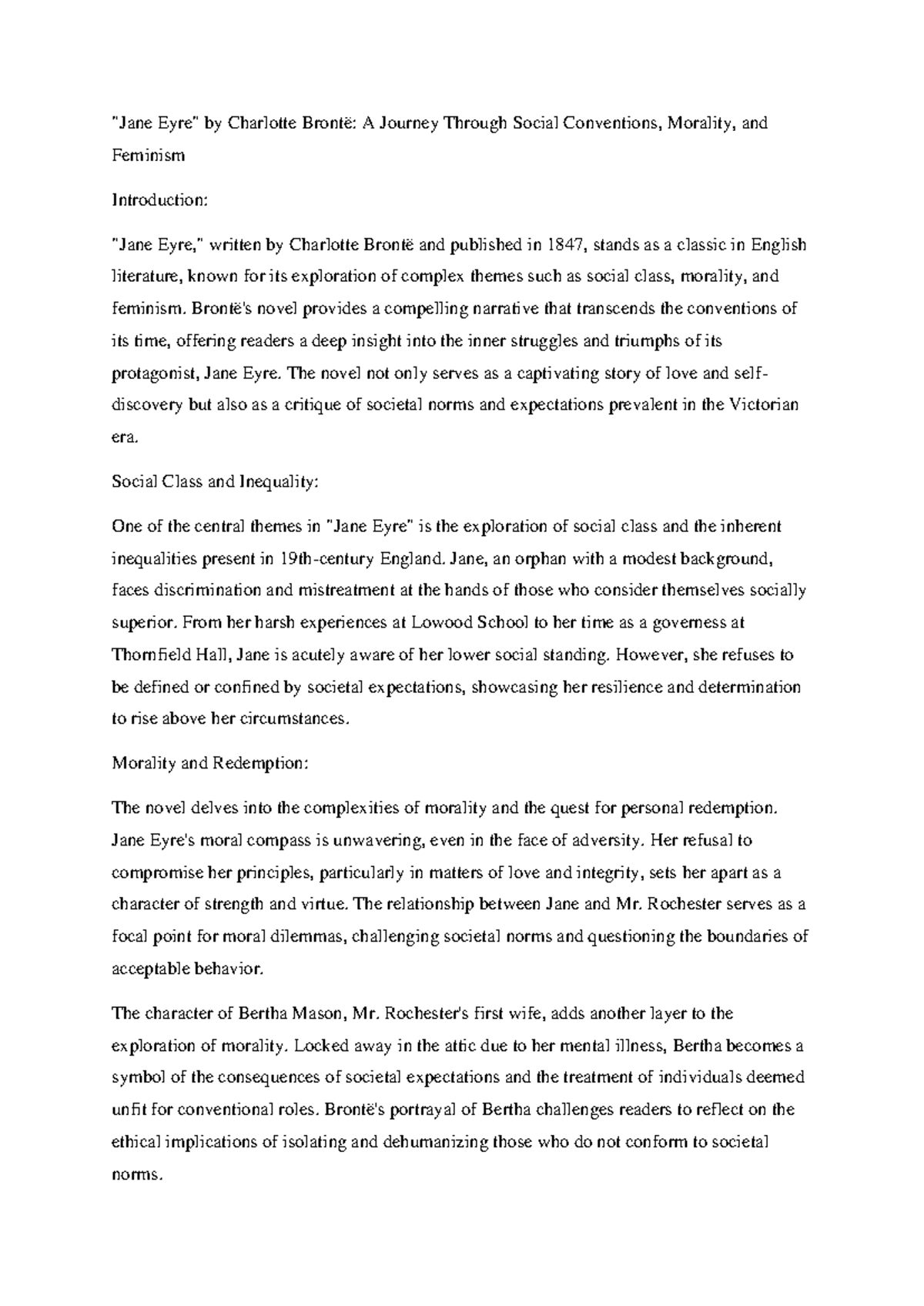 Jane Eyre - Summary M A English Language and Literature - "Jane Eyre ...