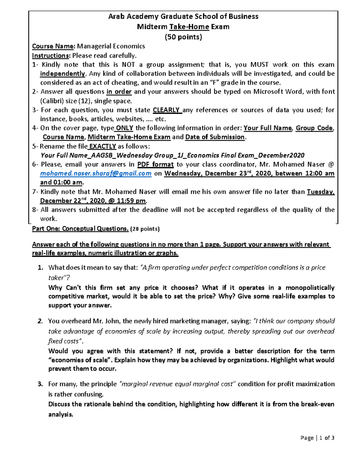 Eco. final Dec. 2020 - Arab Academy Graduate School of Business Midterm ...