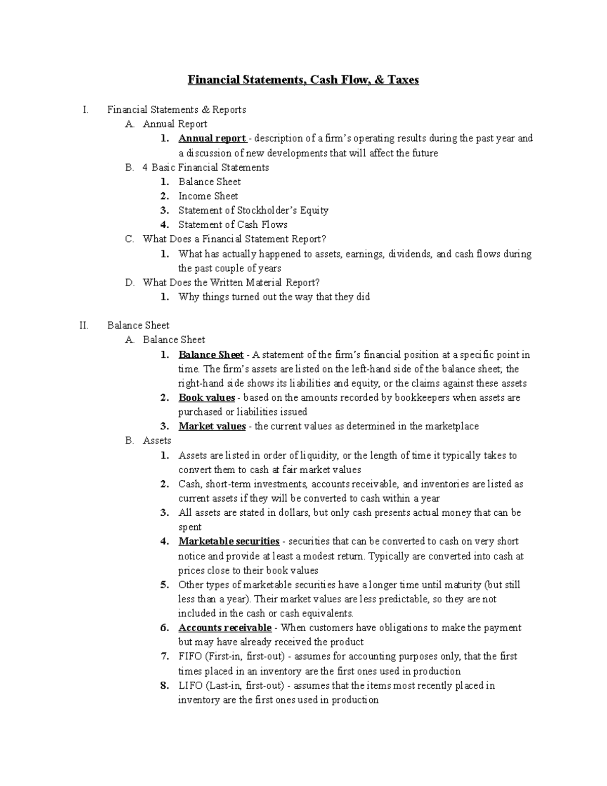 Ch. 02 - Notes - Financial Statements, Cash Flow, & Taxes I. Financial ...