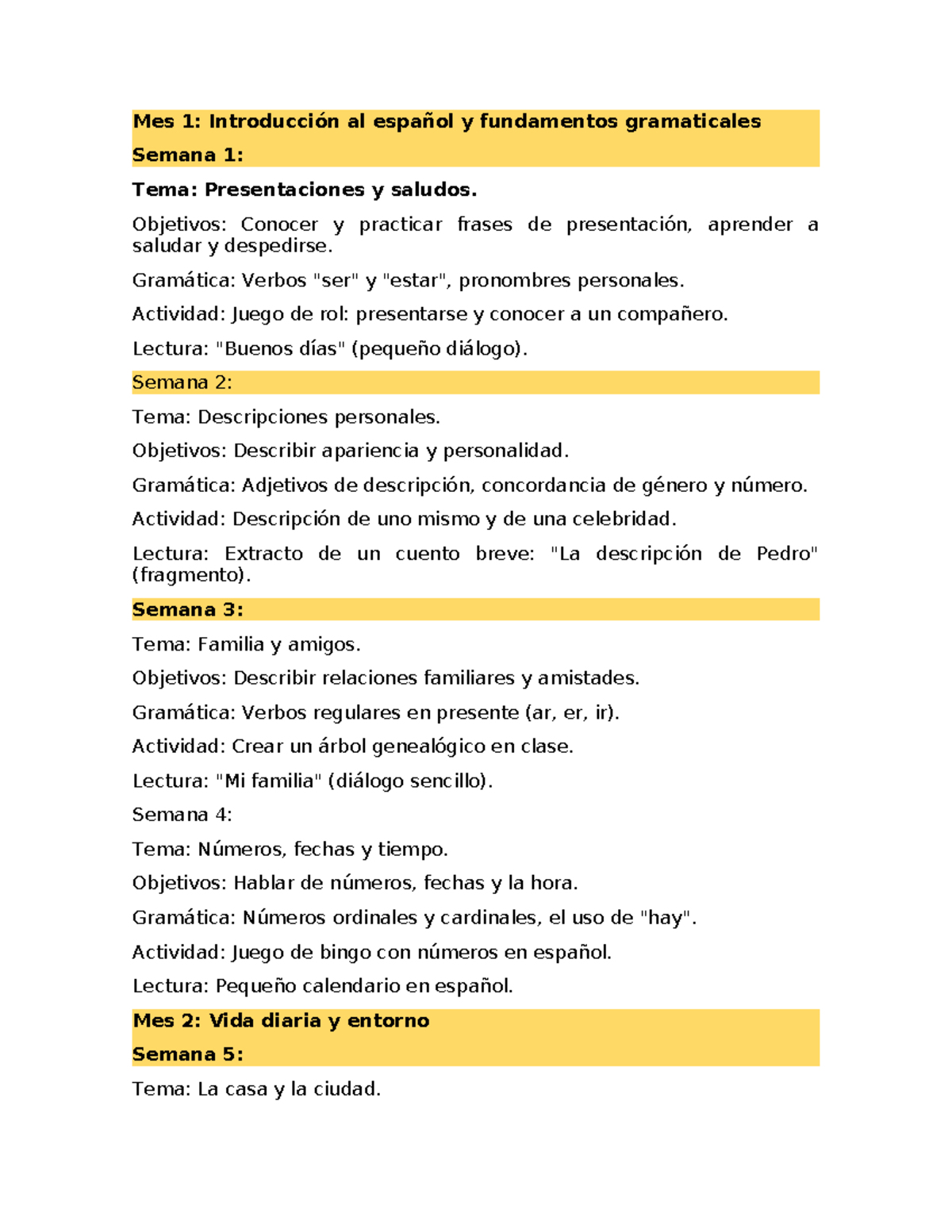 Español Planeación - Mes 1: Introducción al español y fundamentos ...