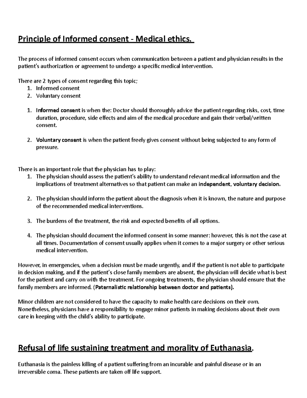Bioethics final Oneli - notes - Principle of Informed consent - Medical ...