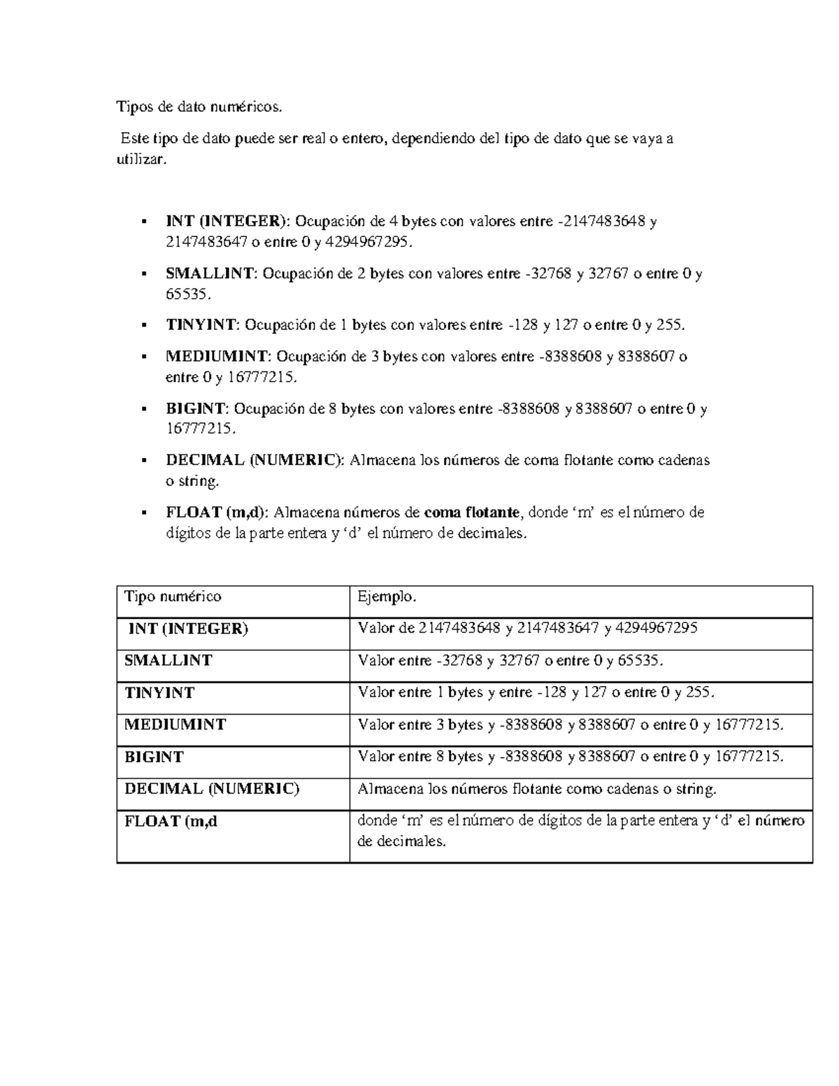 Los tipos de datos que hay - Tipos de dato numéricos. Este tipo de dato ...