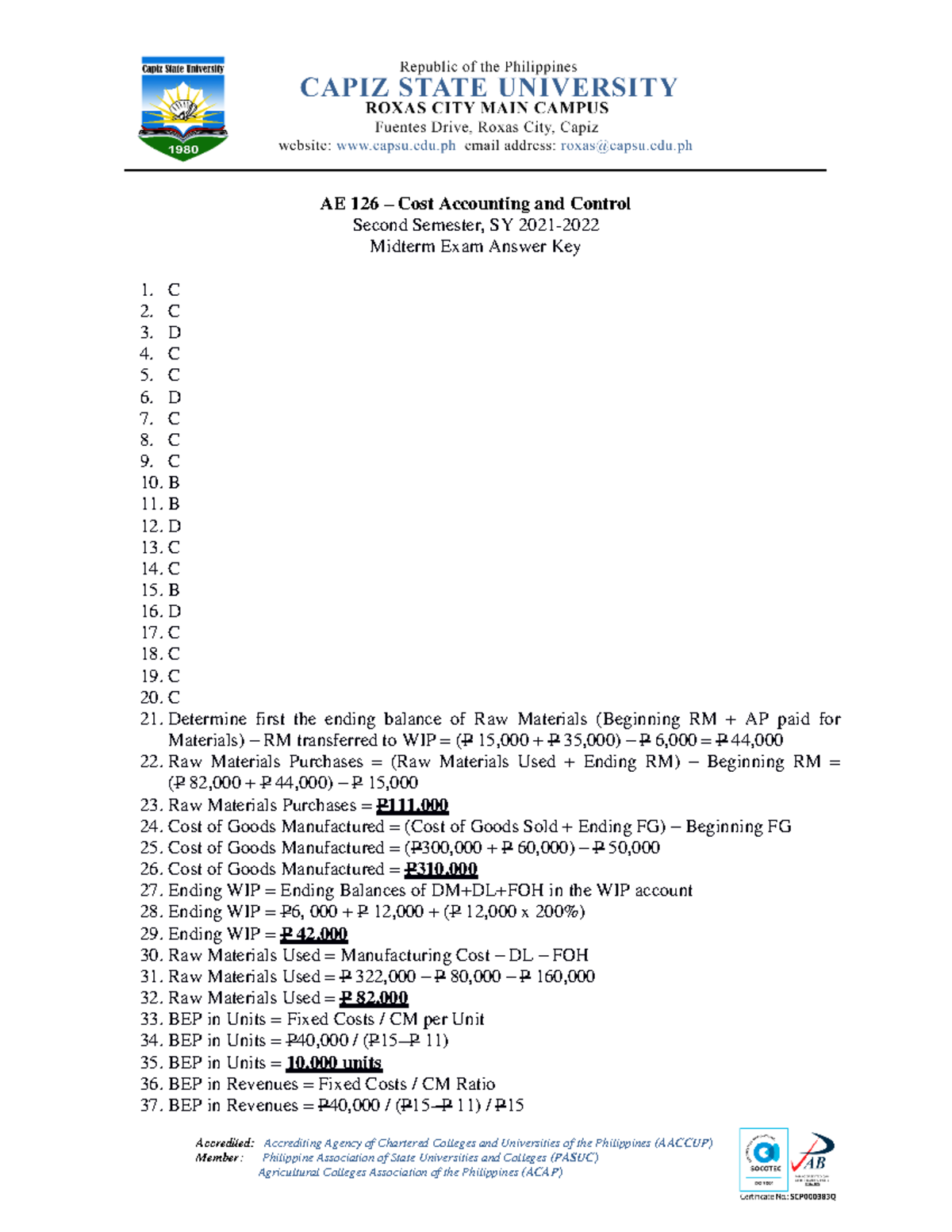 AE 126 Midterm Exam Answer Key - Accredited: Accrediting Agency of ...