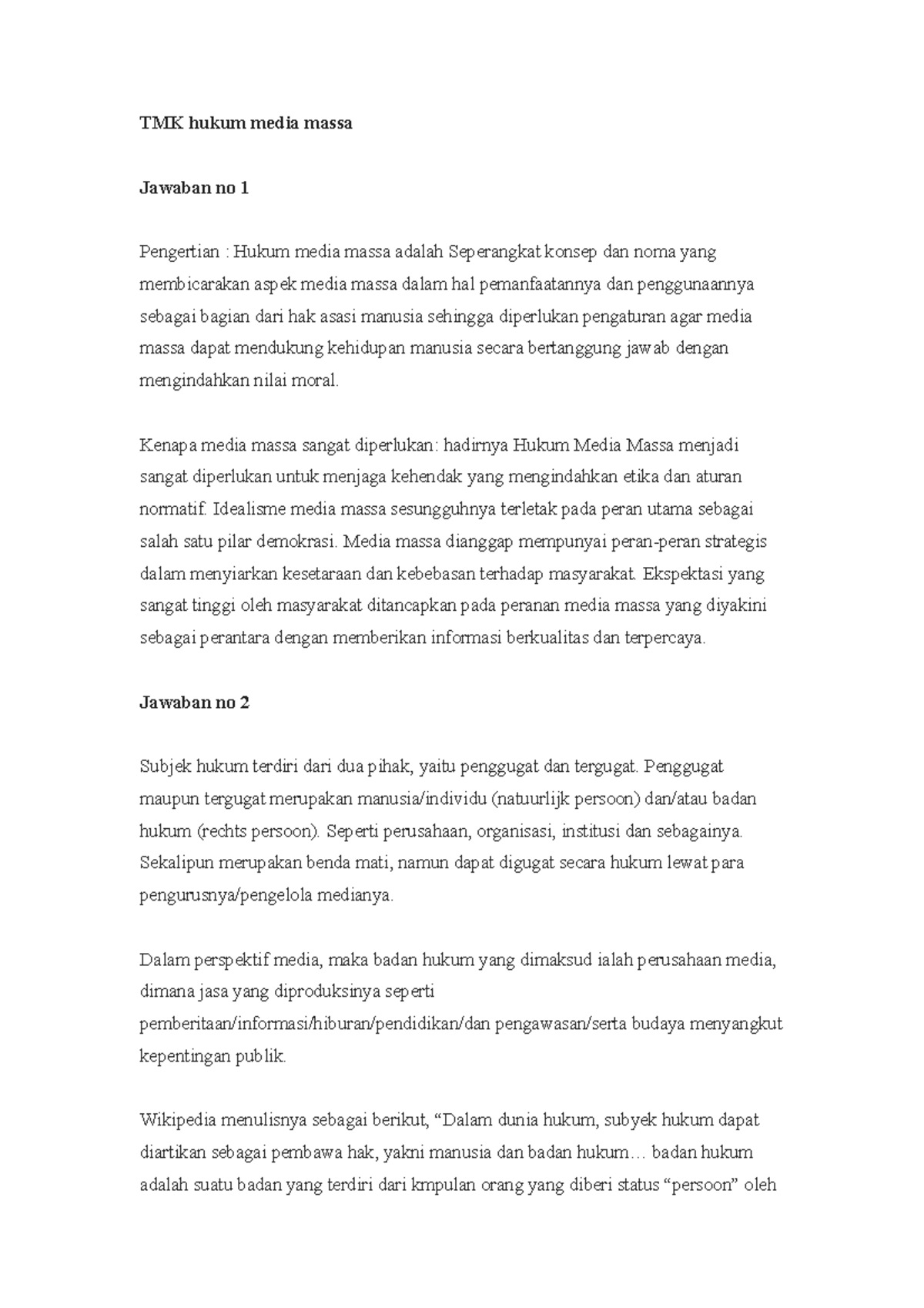TMK hukum media massa - belajar - TMK hukum media massa Jawaban no 1 Pengertian : Hukum media ...