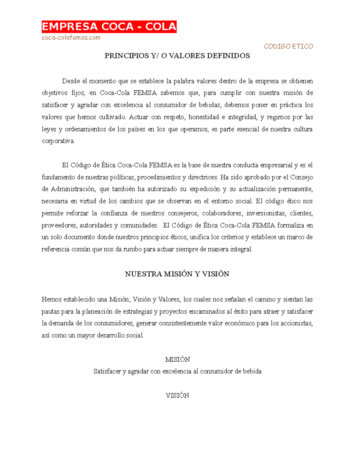 Principios Y Valores - coca-colafemsa CODIGO ETICO PRINCIPIOS Y/ O ...
