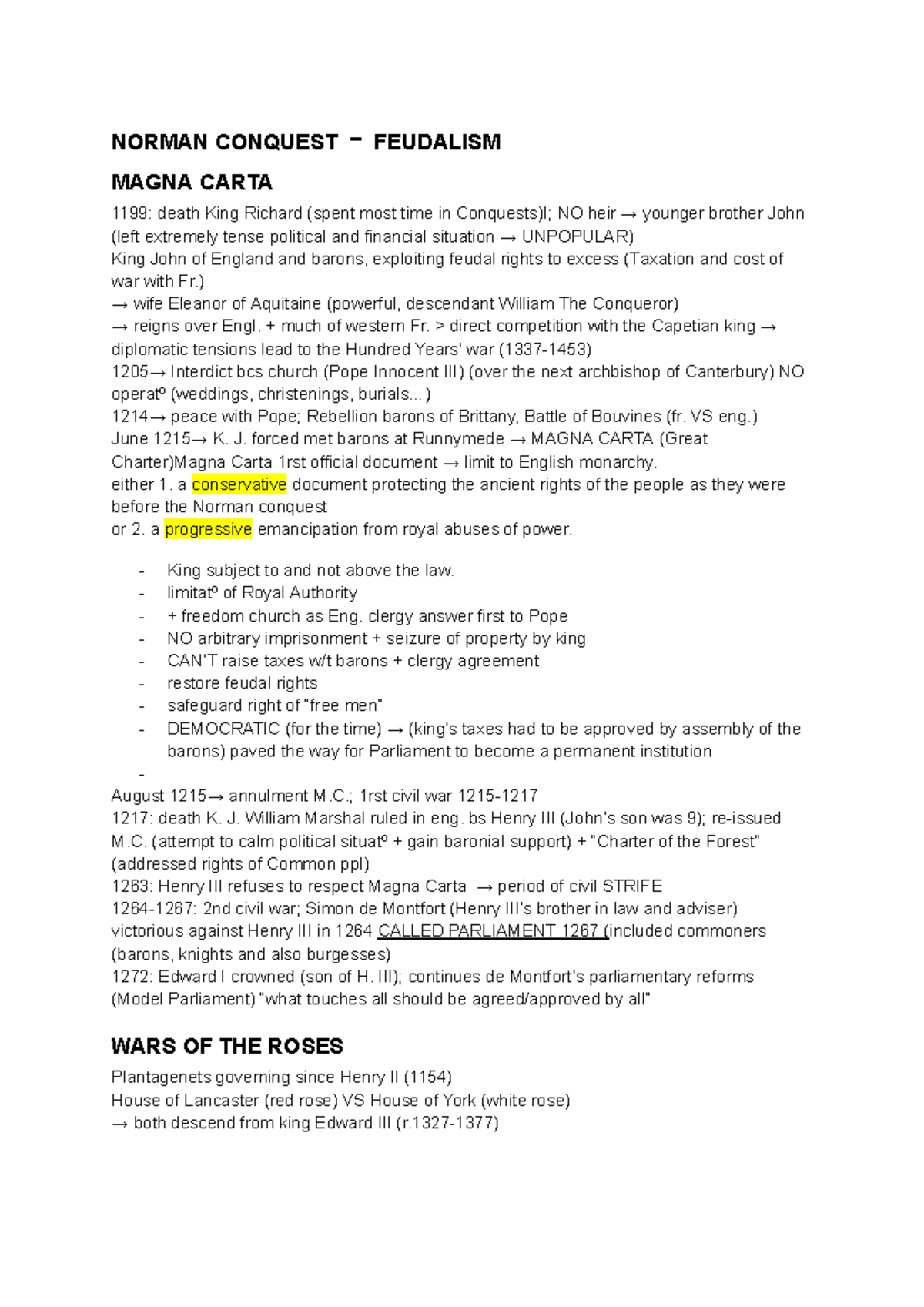 Partiel recap British History - NORMAN CONQUEST - FEUDALISM MAGNA CARTA ...