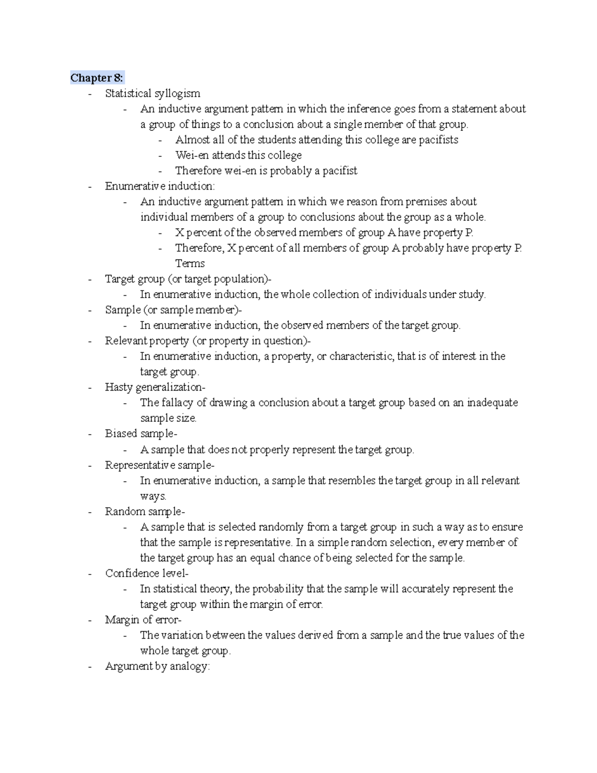 PHI 103 chapter 8 - Chapter 8: - Statistical syllogism - An inductive ...