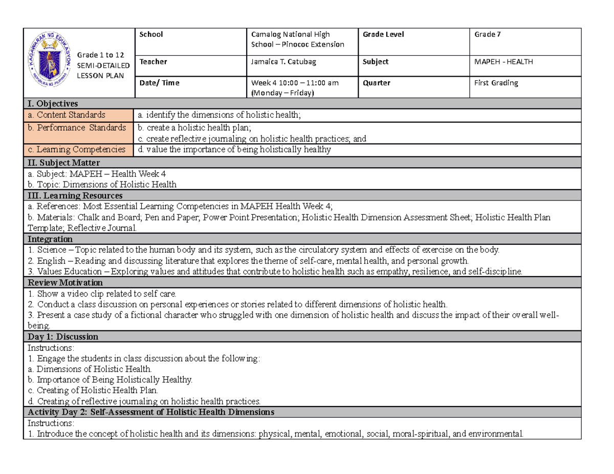 Health 7 Week4 LP - Grade 1 to 12 SEMI-DETAILED LESSON PLAN School ...
