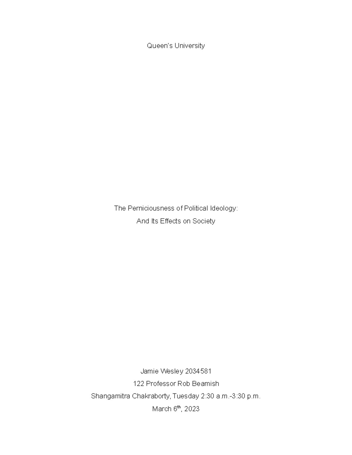 Sociology Winter Term Essay - Queen’s University The Perniciousness of ...