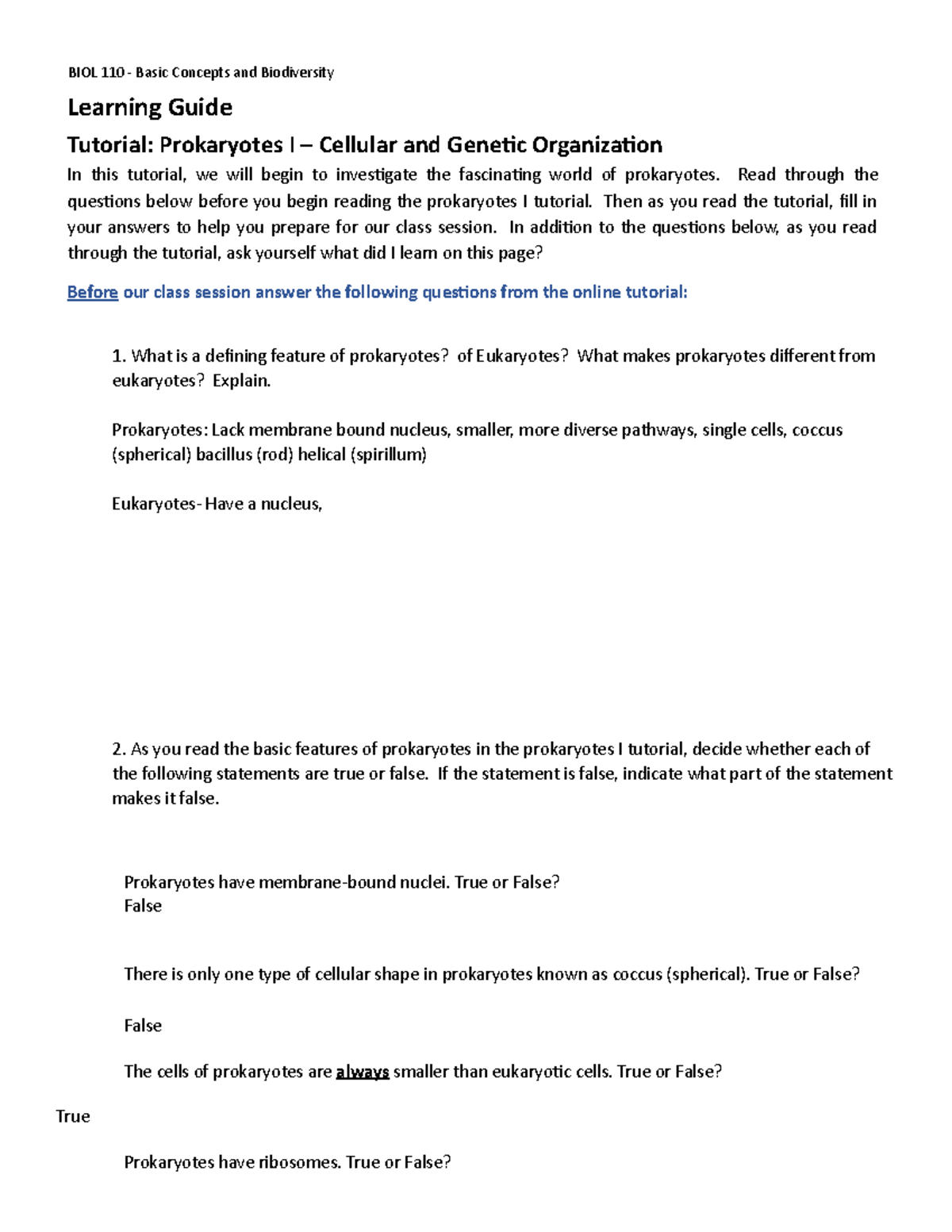 Learning Guide for Tutorial #4 Bio 100 - BIOL 110 - Basic Concepts and ...