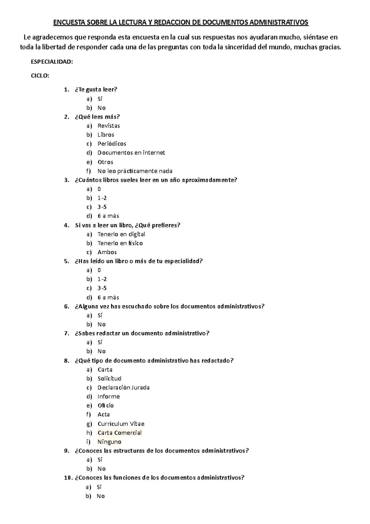 Encuesta Sobre LA Lectura Y Redaccion DE Documentos Administrativos ...