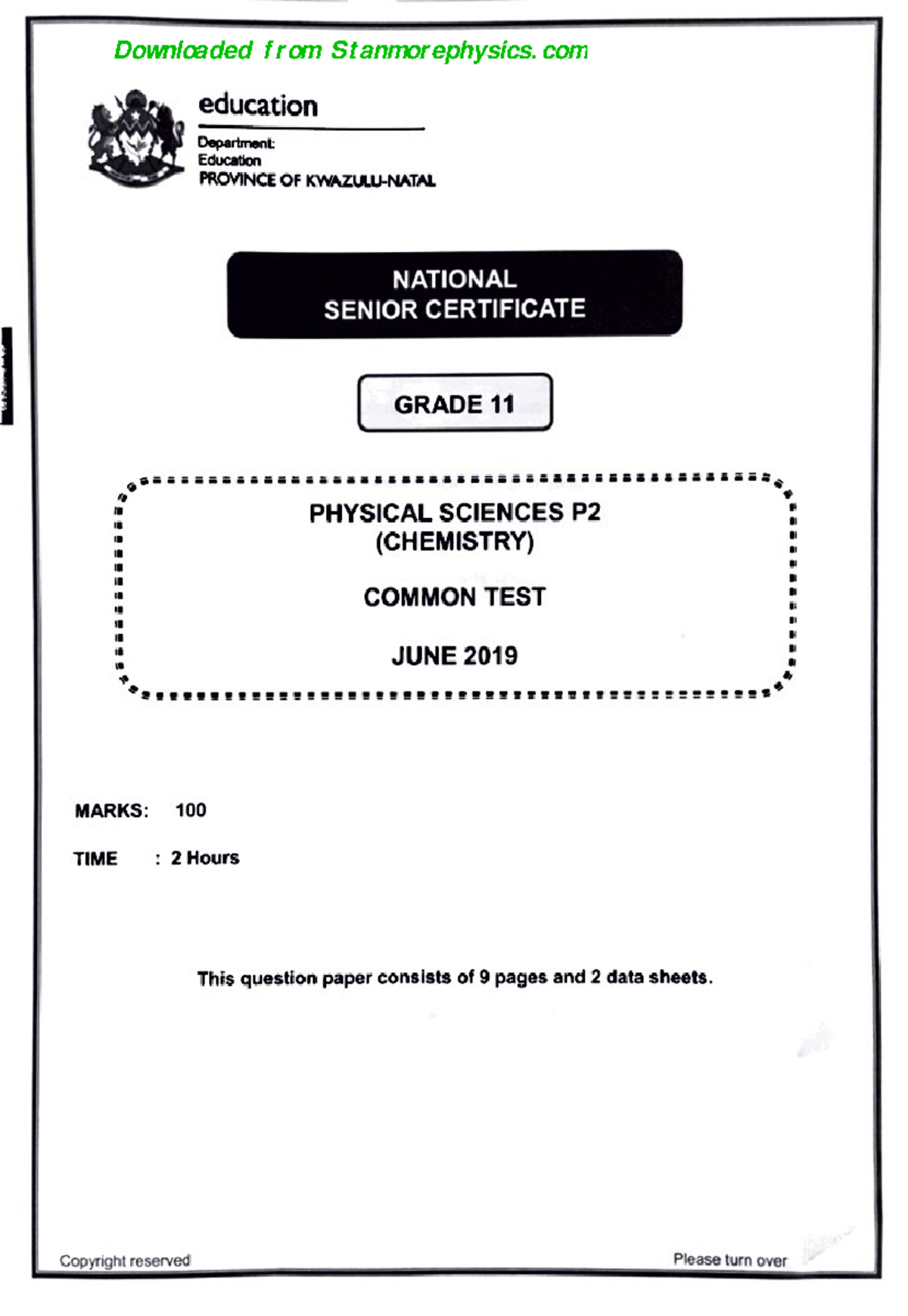 G11 PSc P2 Jun 2019 and Memo - Downloaded from Stanmorephysics ...