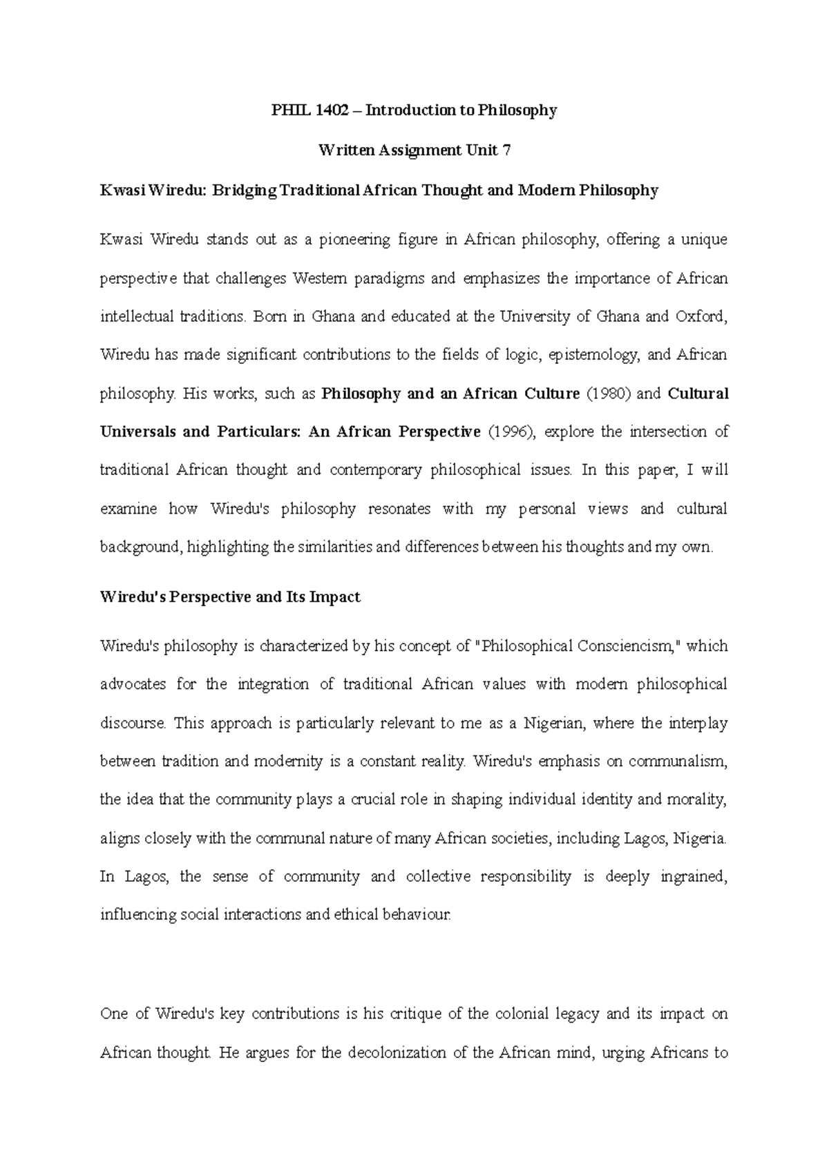 PHIL 1402-01 - Written Assignment Unit 7 - PHIL 1402 – Introduction to Philosophy Written ...