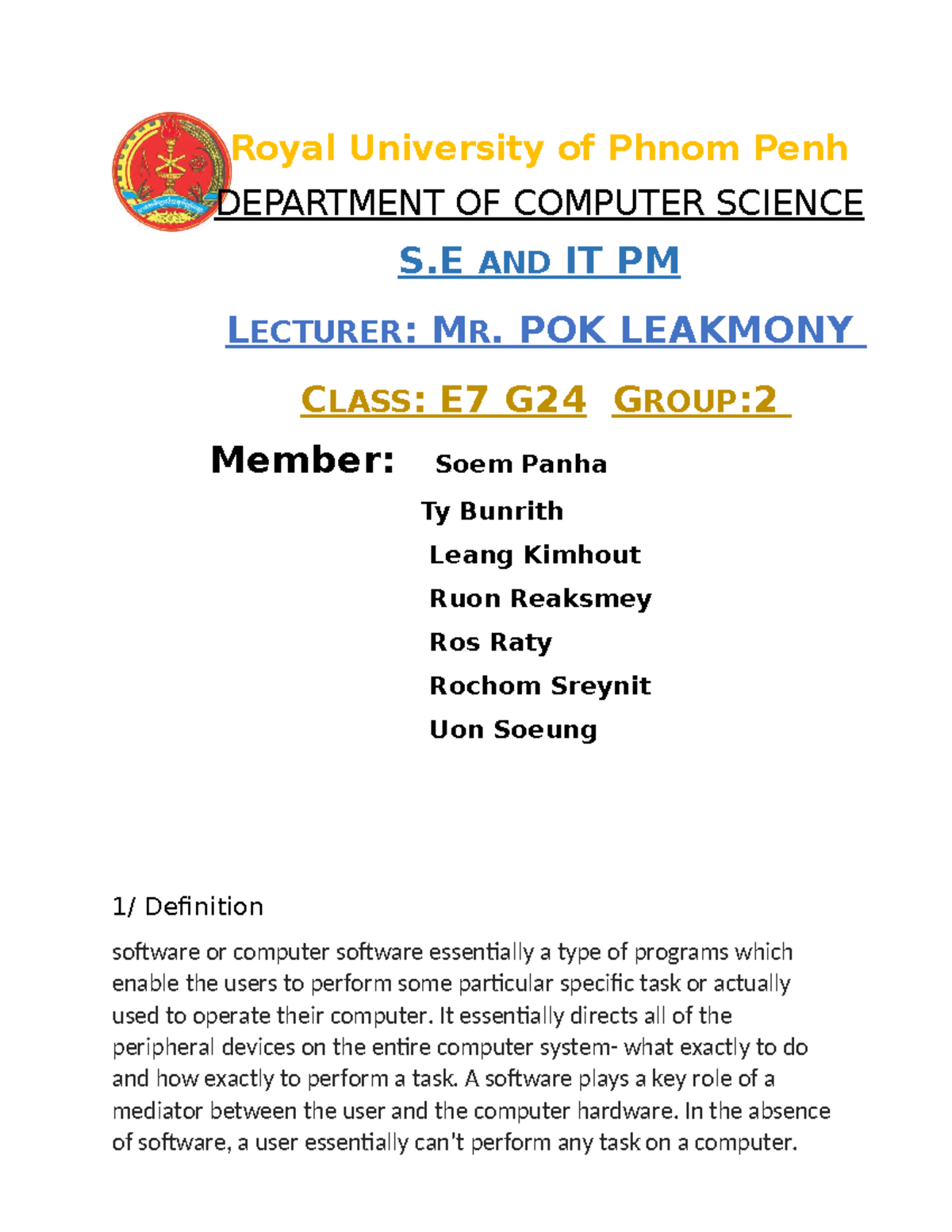 SE Assigement - Group assignments - 1/ Definition software or computer ...