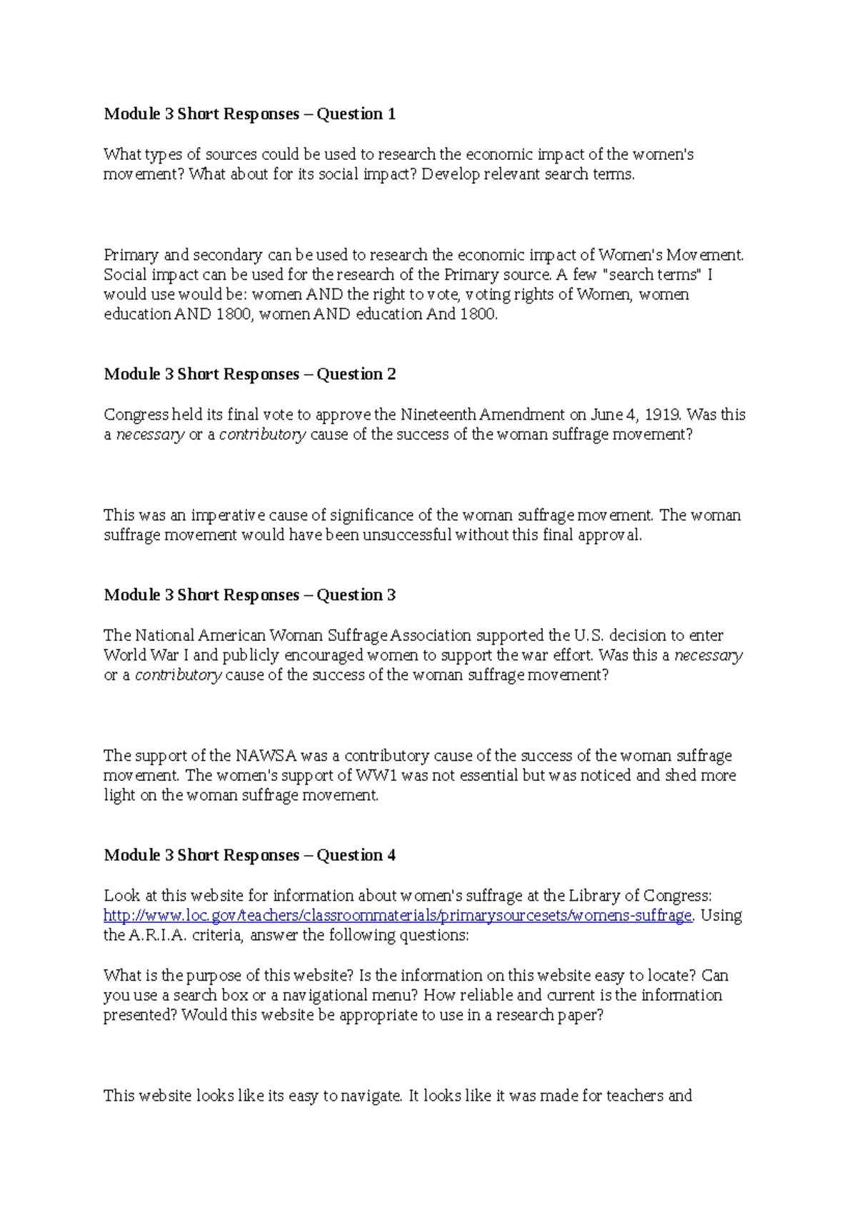 Module 3 short answers - History 200 - Module 3 Short Responses ...
