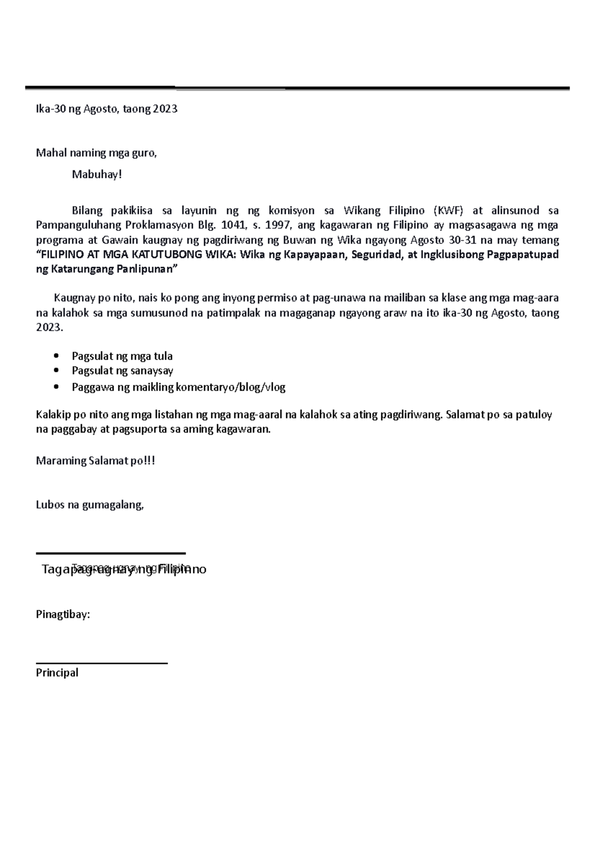 Excuse letter buwan ng wika - Copy - Ika-30 ng Agosto, taong 2023 Mahal ...