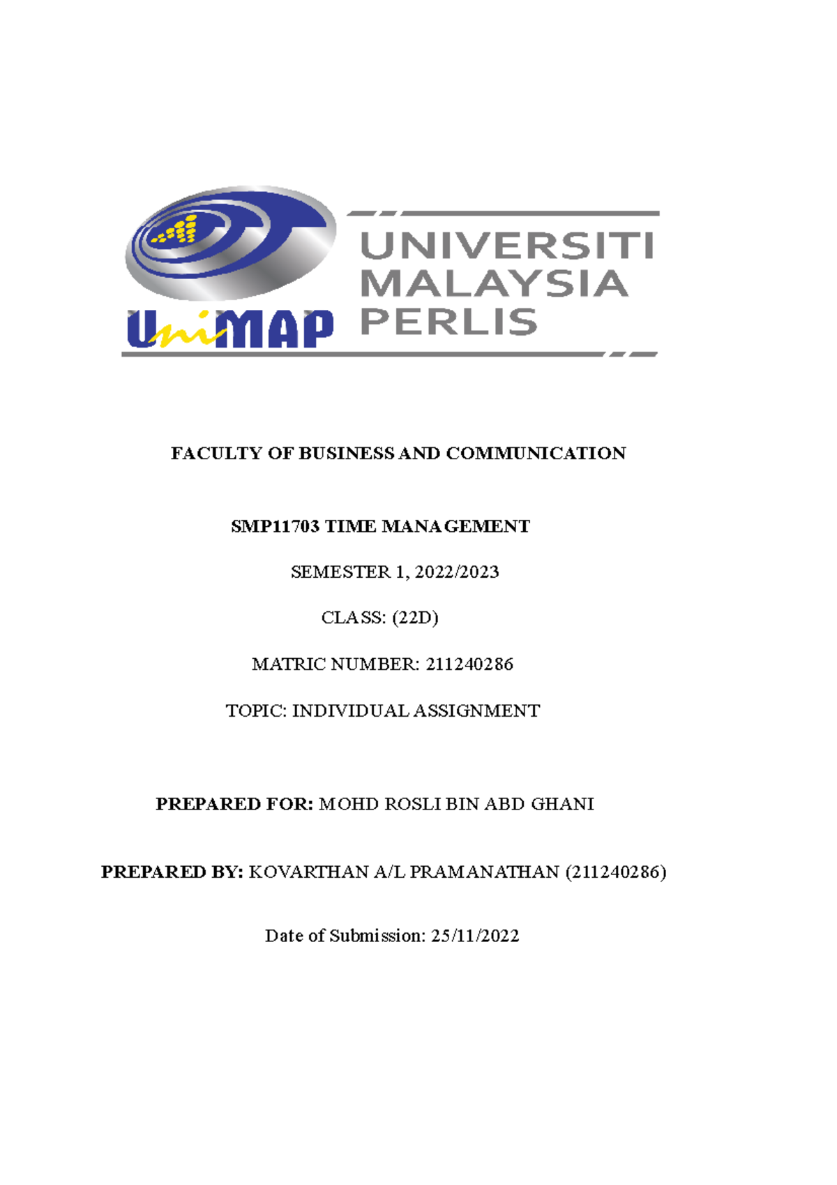 TIME Management Individual Assignment - FACULTY OF BUSINESS AND ...