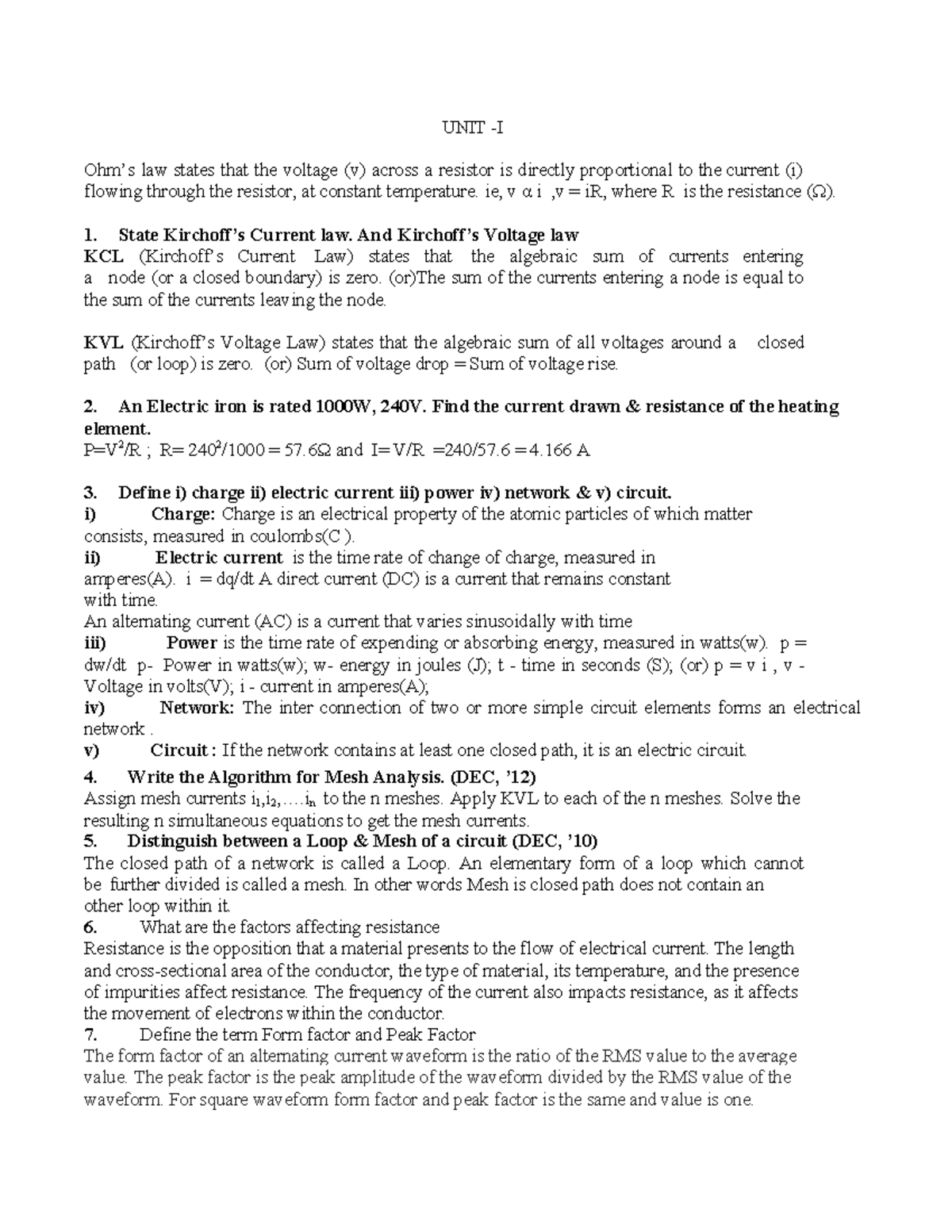 BEEE UNIT - 1 - BEEE notes - BE3252 - UNIT -I Ohm’s law states that the ...