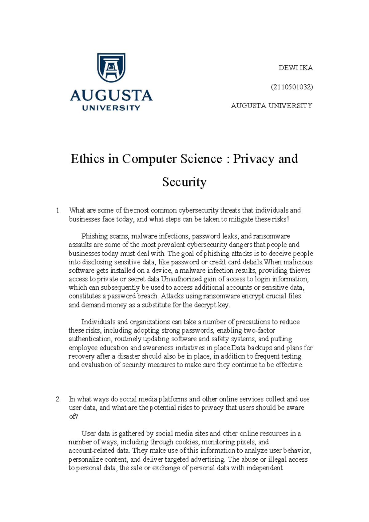 Ethics In Computer Science Chapter 2 Assignment Dewi Ika 2110501032 Augusta University
